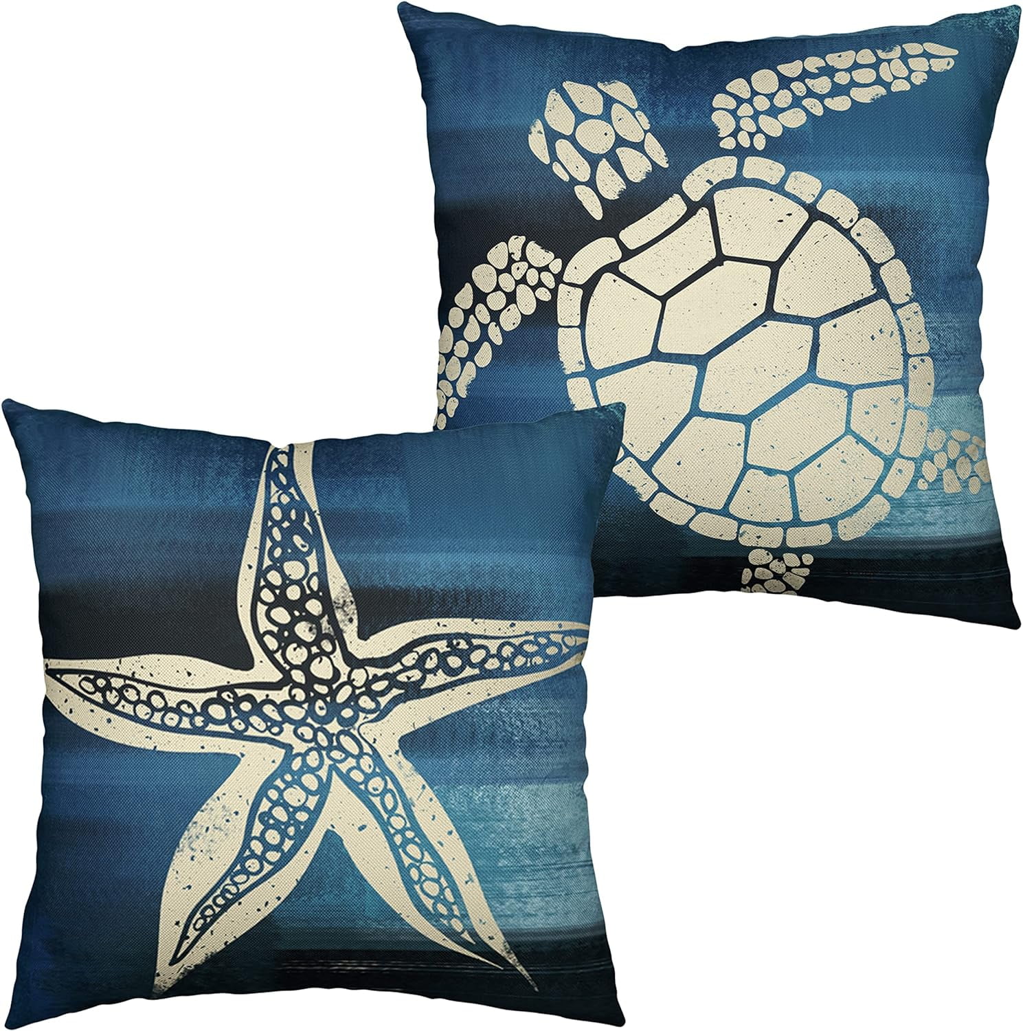 Set of 2 Blue Square Linen Pillow Covers Coastal Beach Theme Throw ...