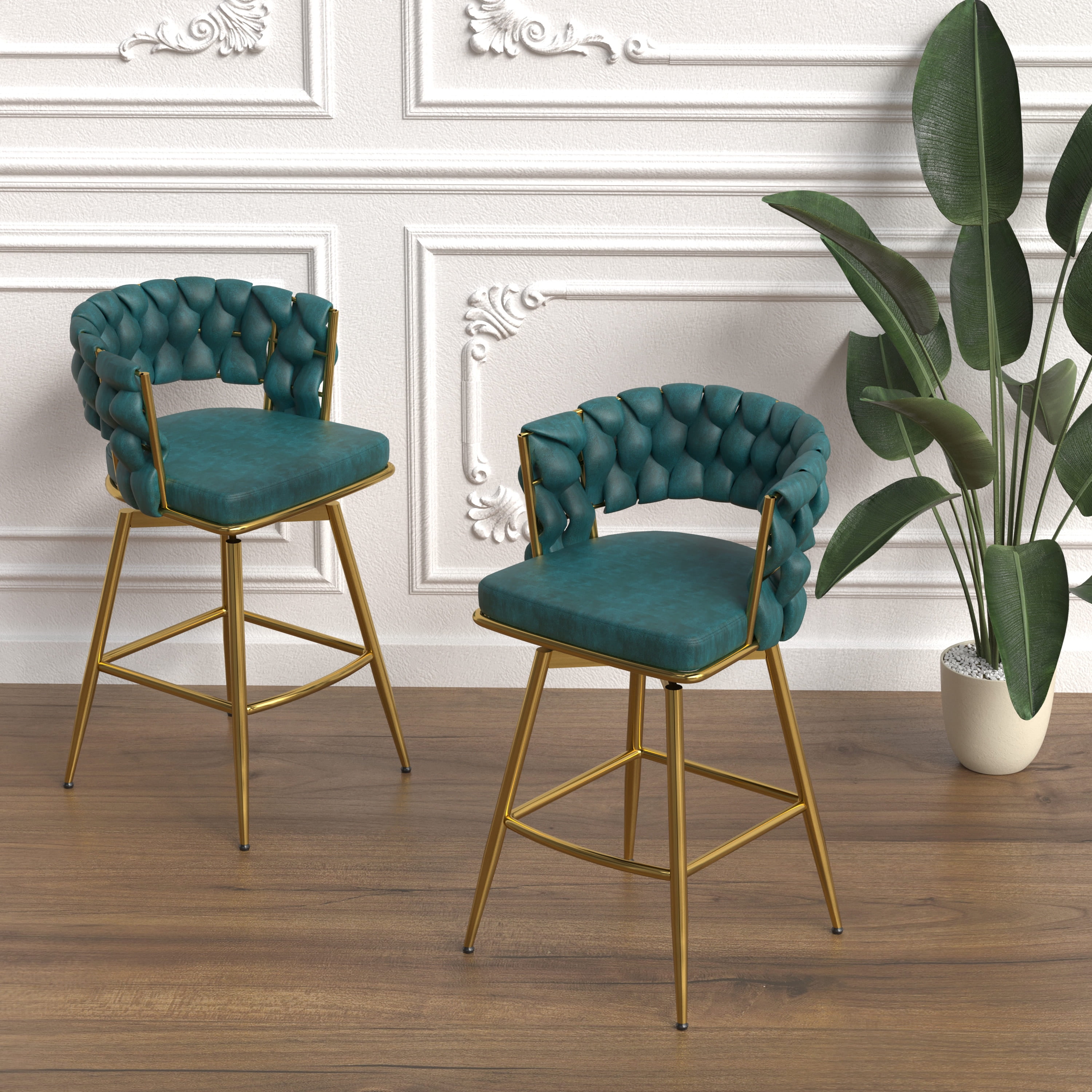 Set of 2 Blue Suede Woven Bar Stools with Golden Legs - Swivel Counter ...