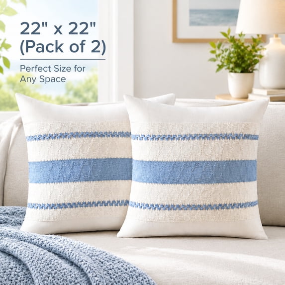 Set of 2 Boho Light Blue Decorative Throw Pillow Covers 22x22 Inch for ...