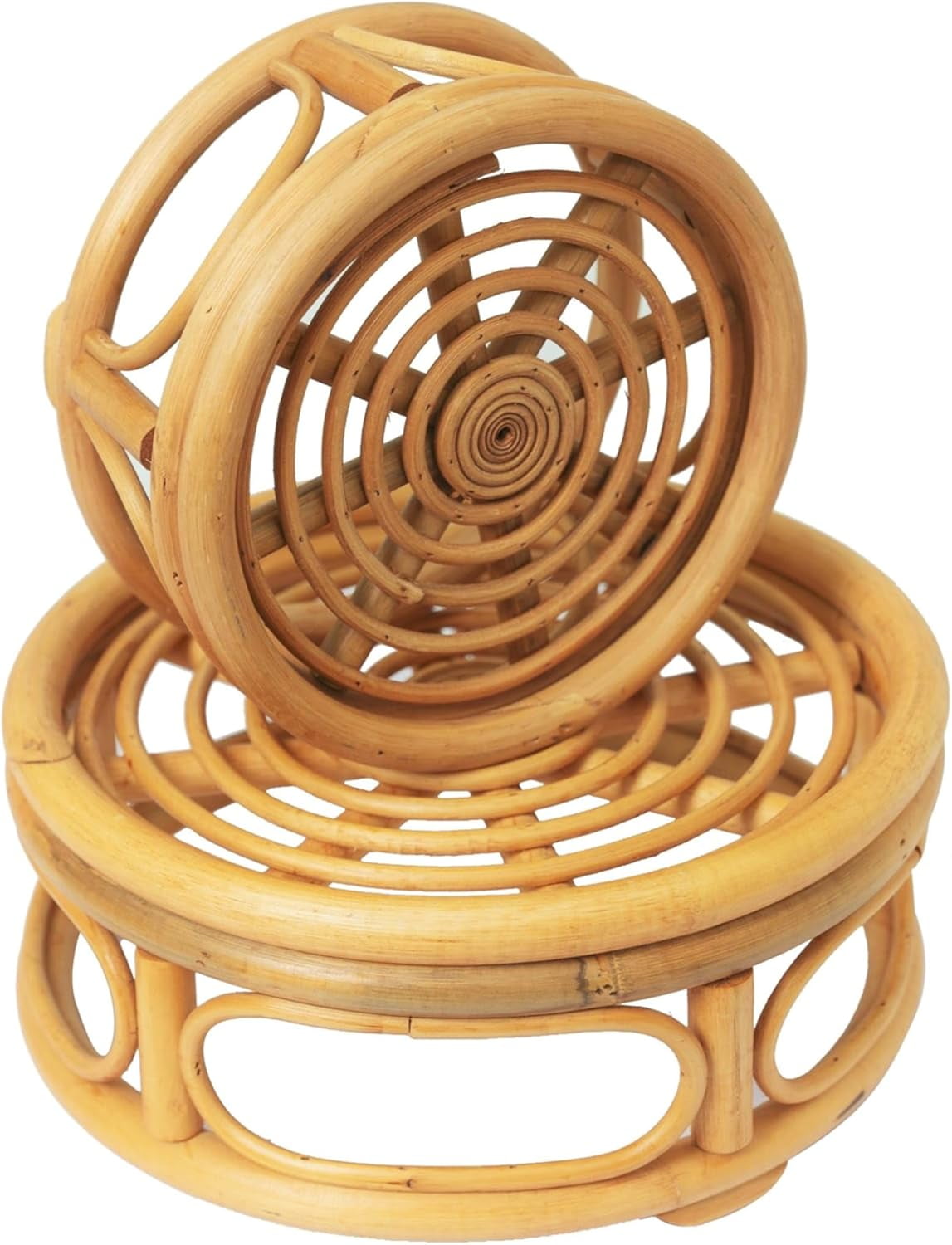 Set of 2 Boho Rattan Woven Round Decorative Risers Plant Stands Indoor ...