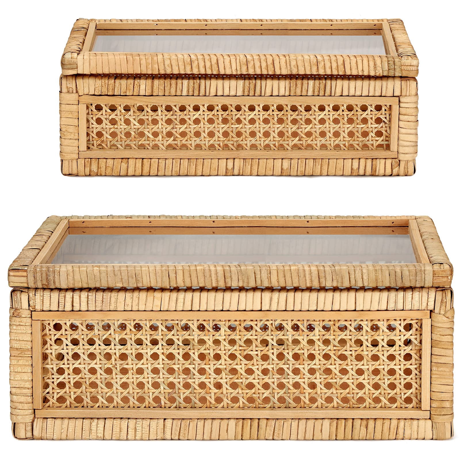 Set of 2 Boho Rectangular Rattan Decorative Boxes with Glass Lids Woven ...