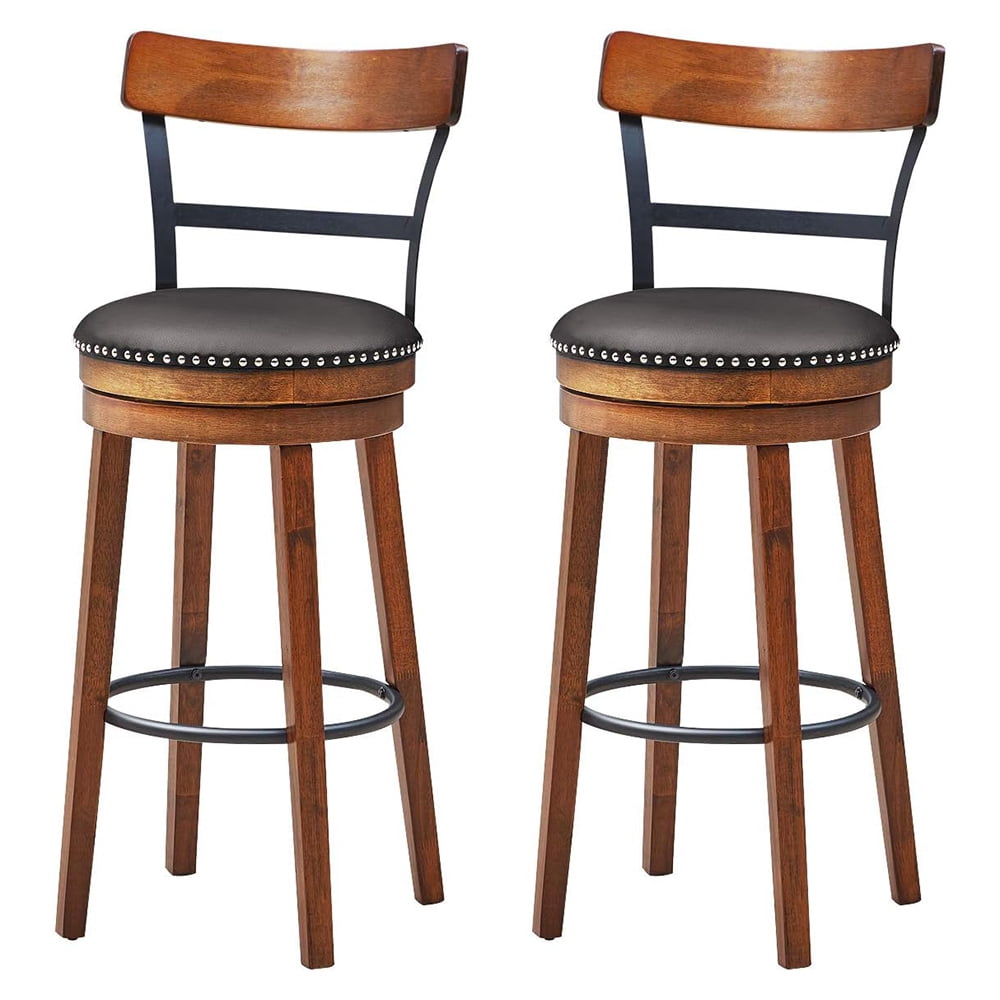 Set of 2 Brown Bar Stools, 360-Degree Swivel Stools with Leather Padded ...