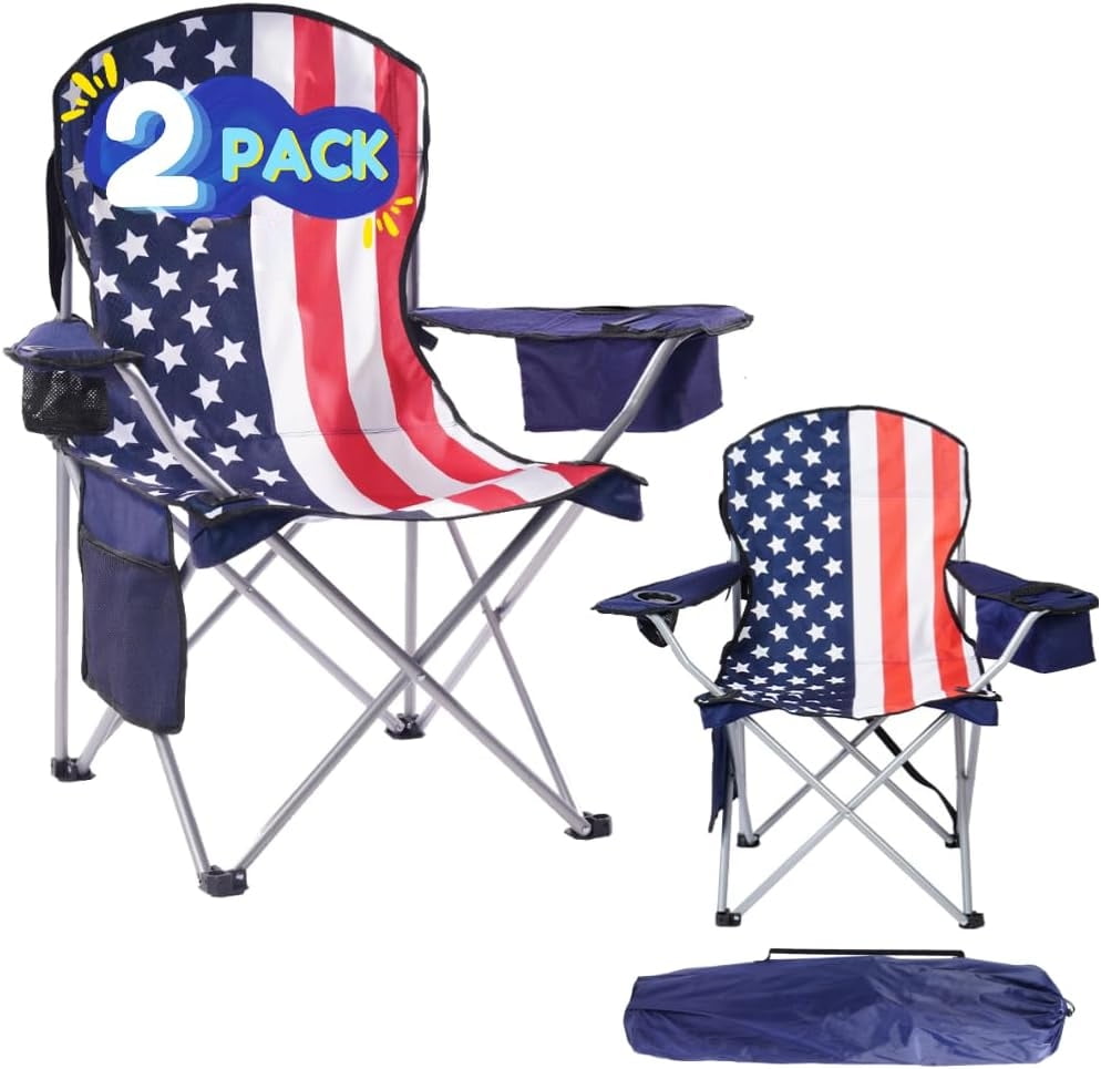 Set of 2 Camping Chairs with Built-in Ice Cooler, Portable Chair ...