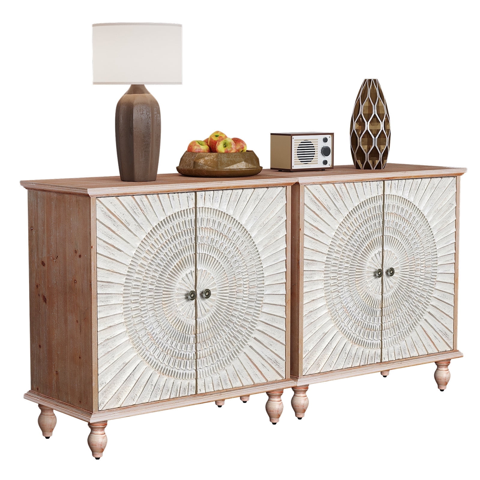 Set of 2 Carved Wood Accent Cabinet with 4 Doors, Mid-Century Sideboard with Storage, Vintage ...