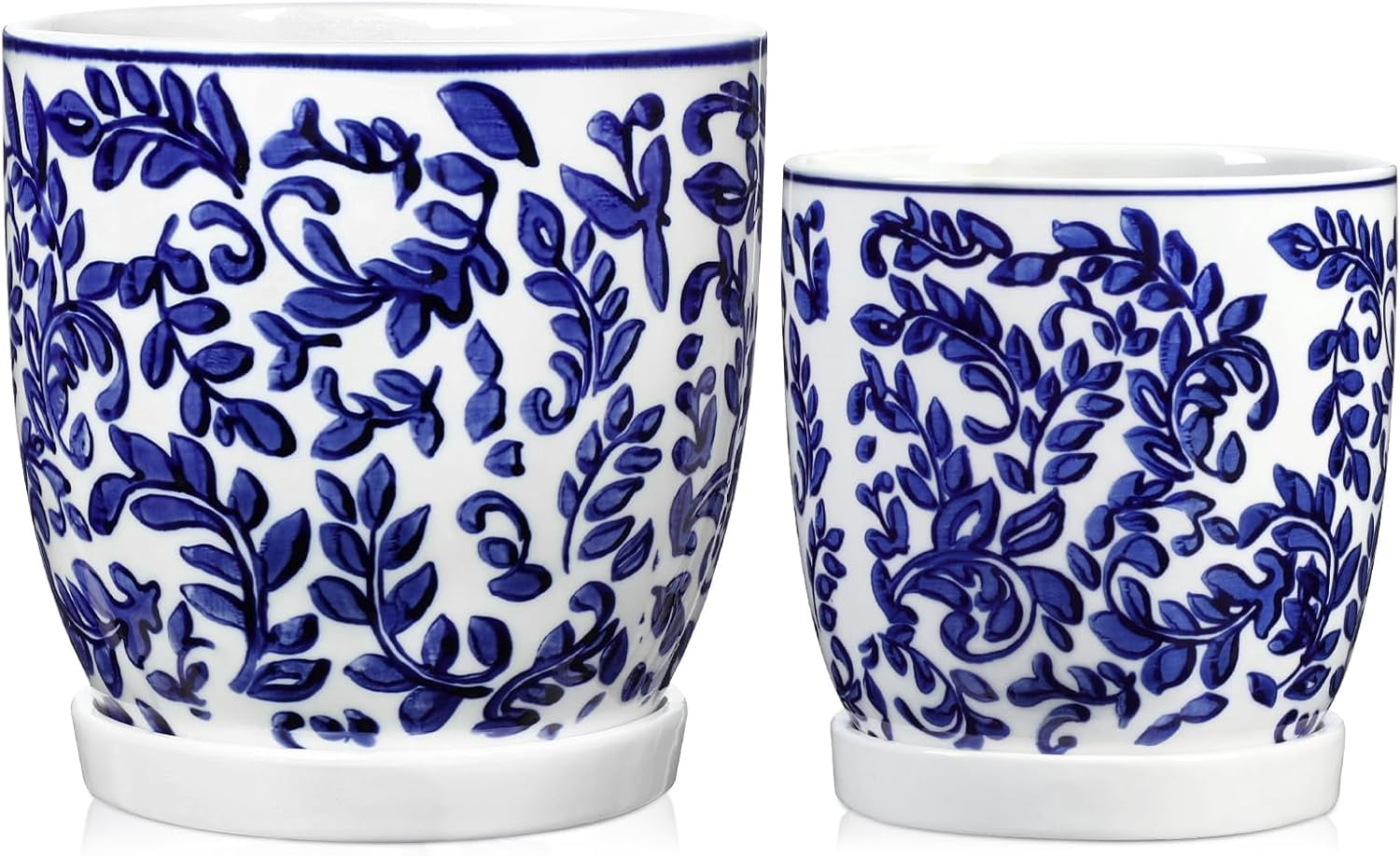 Set of 2 Ceramic Blue and White Plant Pots with Drainage Hole and ...