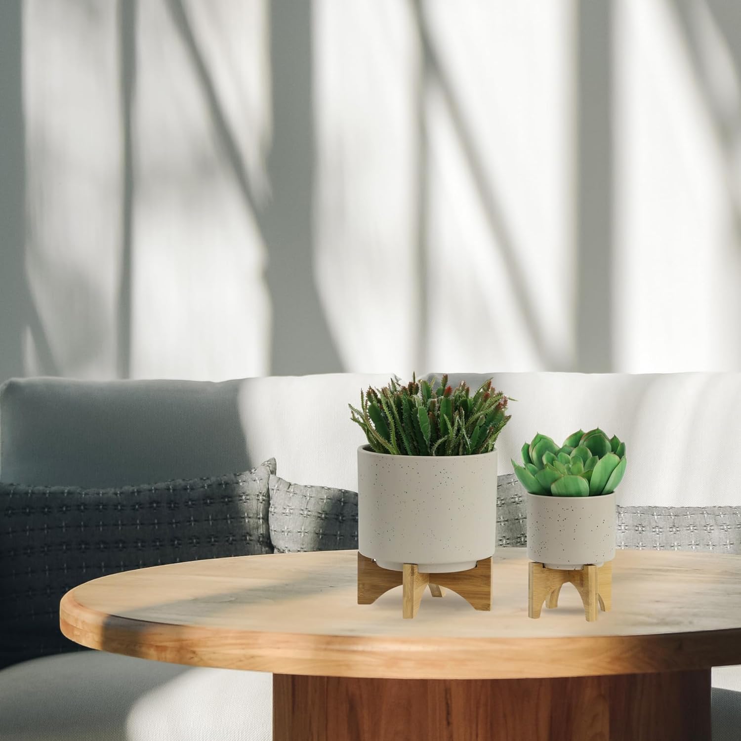 Set of 2 Ceramic Planters with Bamboo Stand - Modern Speckled Round ...