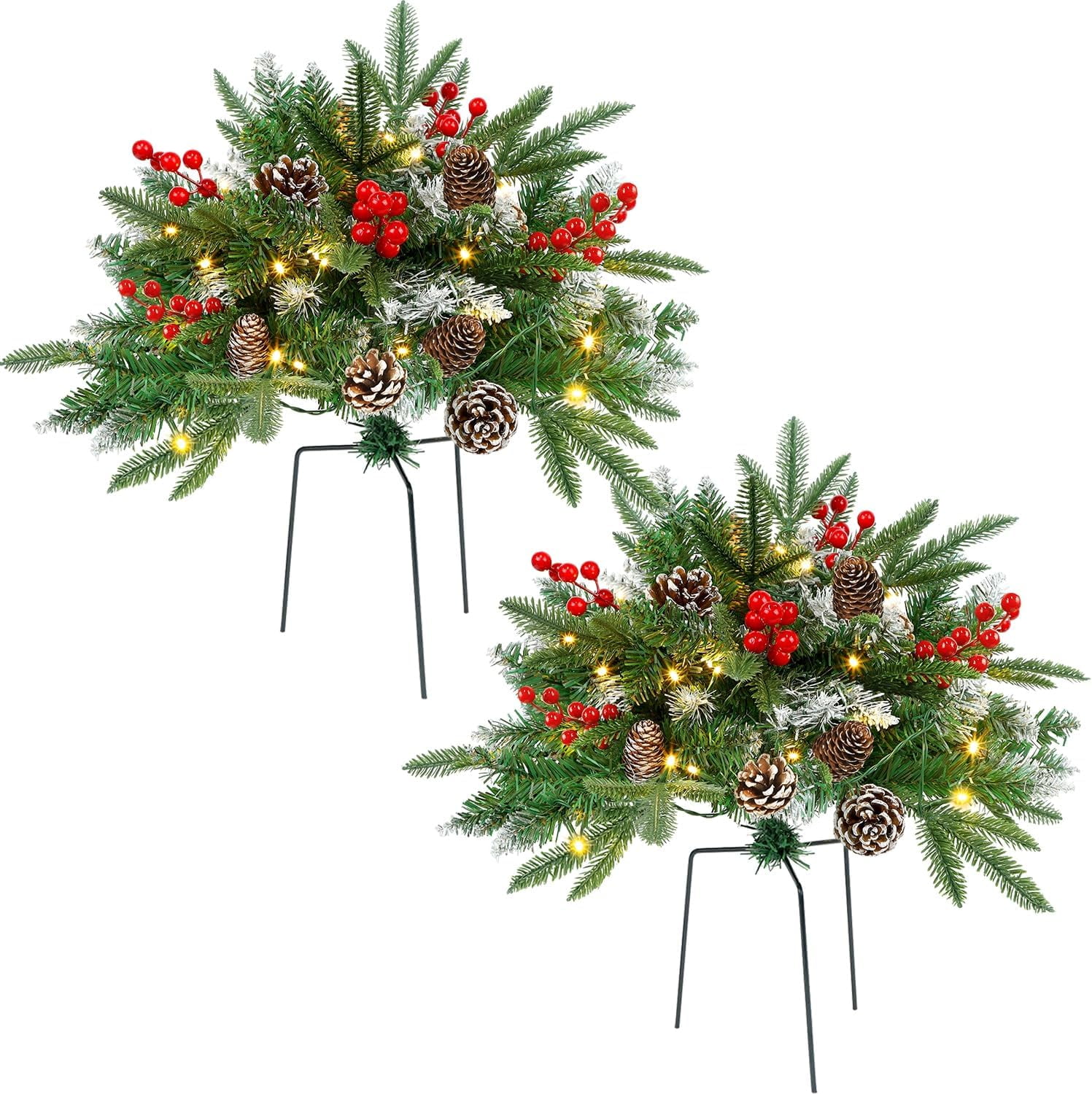 Set of 2 Christmas Tree Urn Filler, Lighted Artificial Xmas Pine Trees ...