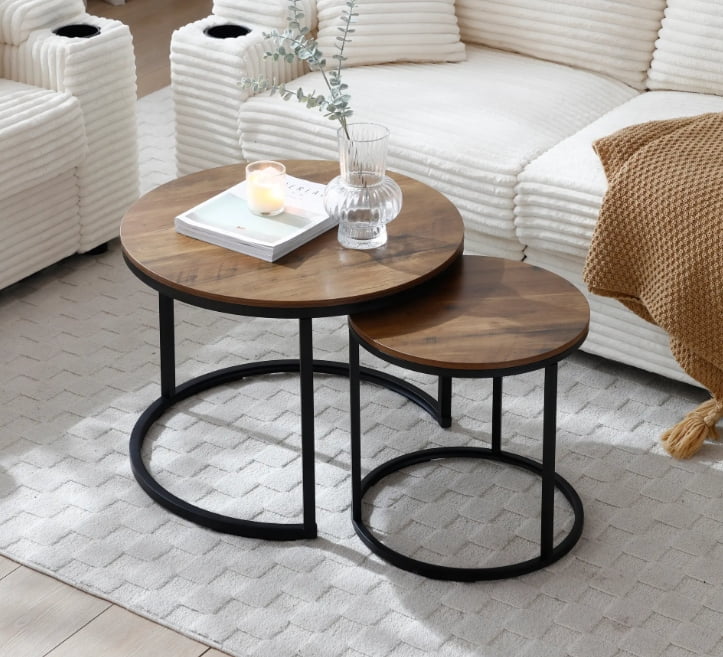 Set 2 Coffee Table Nesting White and gray top Golden Frame Circular Round and Marble Pattern ...