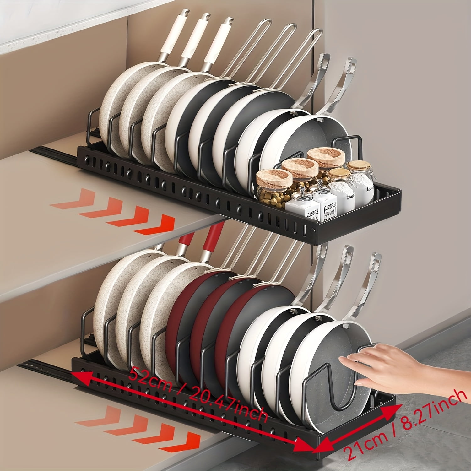 A Set of 2 Cookware And Frying Pan Storage Racks, with a Pull-Out Lid ...