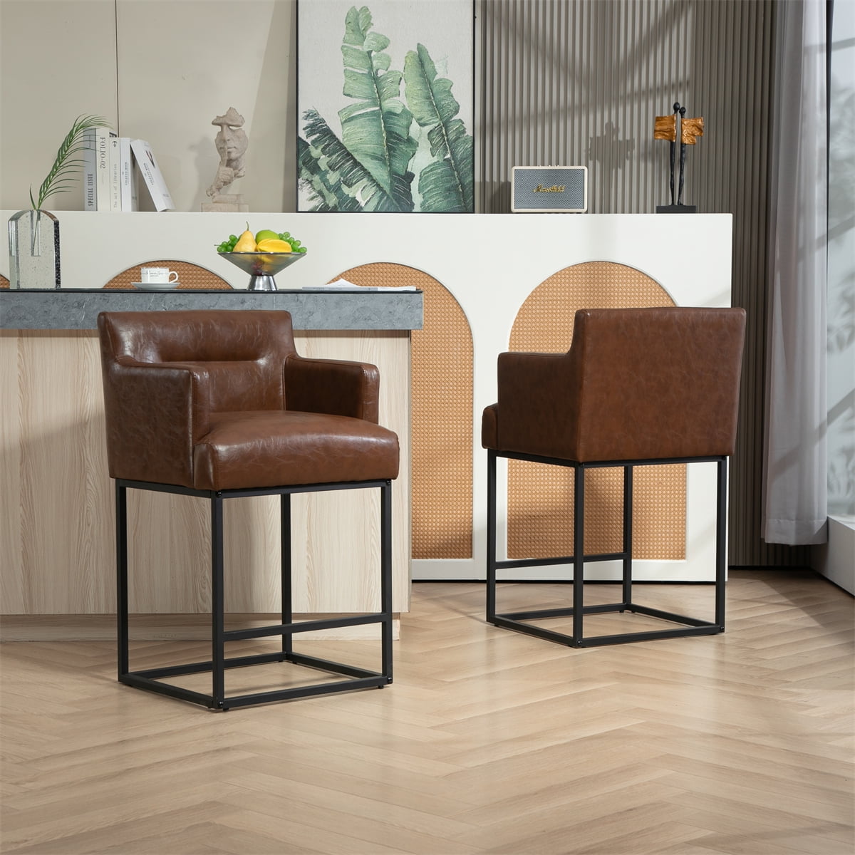 Set of 2 Counter Height Bar Stools, Modern Barrel Bar Stool with ...