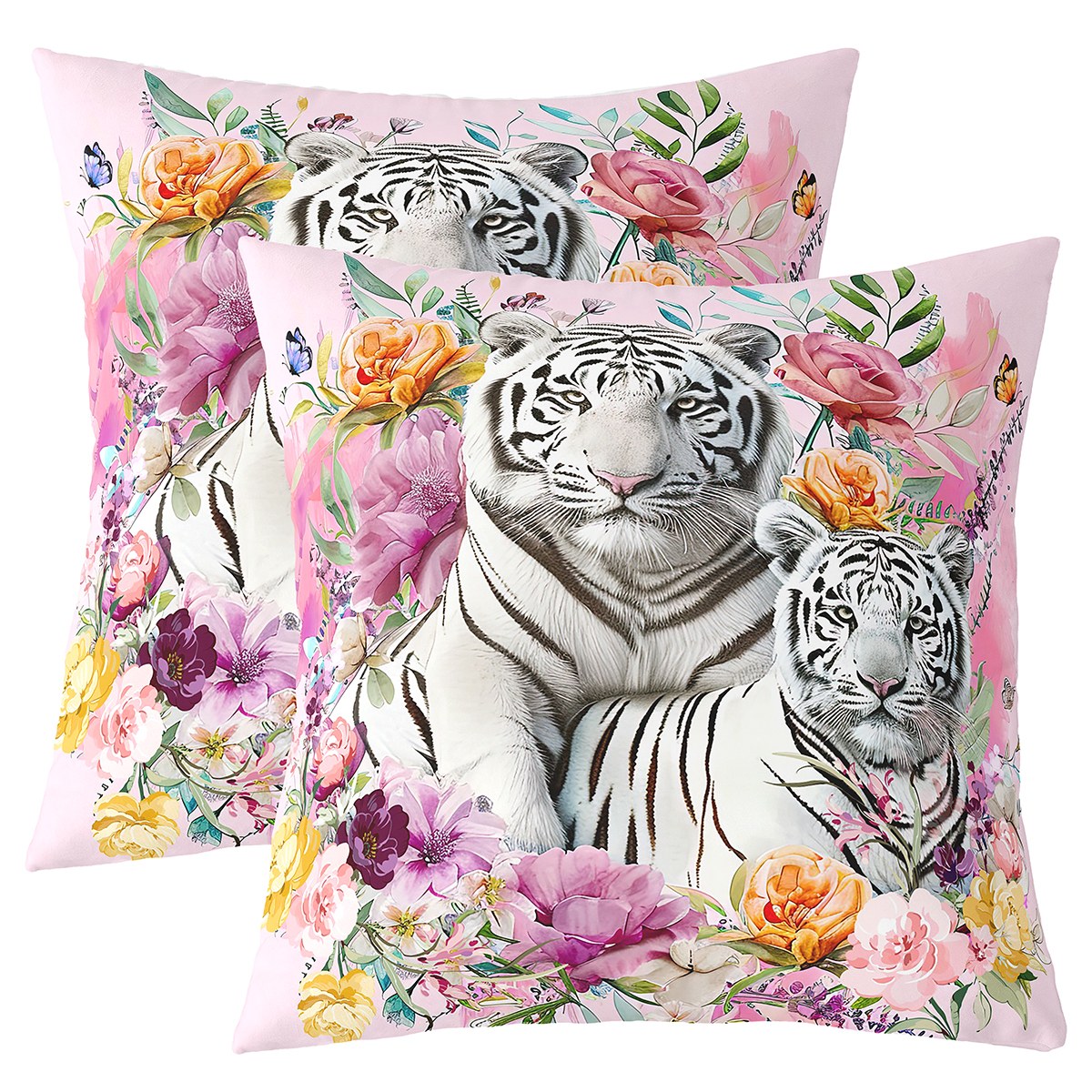 Set of 2 Couple Tiger 16x16 Inch Pillow Covers,Colorful Floral Rose ...