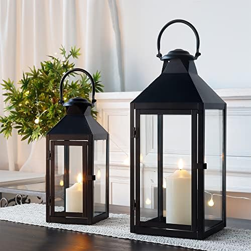 Set of 2 Cream Decorative Lanterns 17.5inch&13.5inch Metal Candle ...
