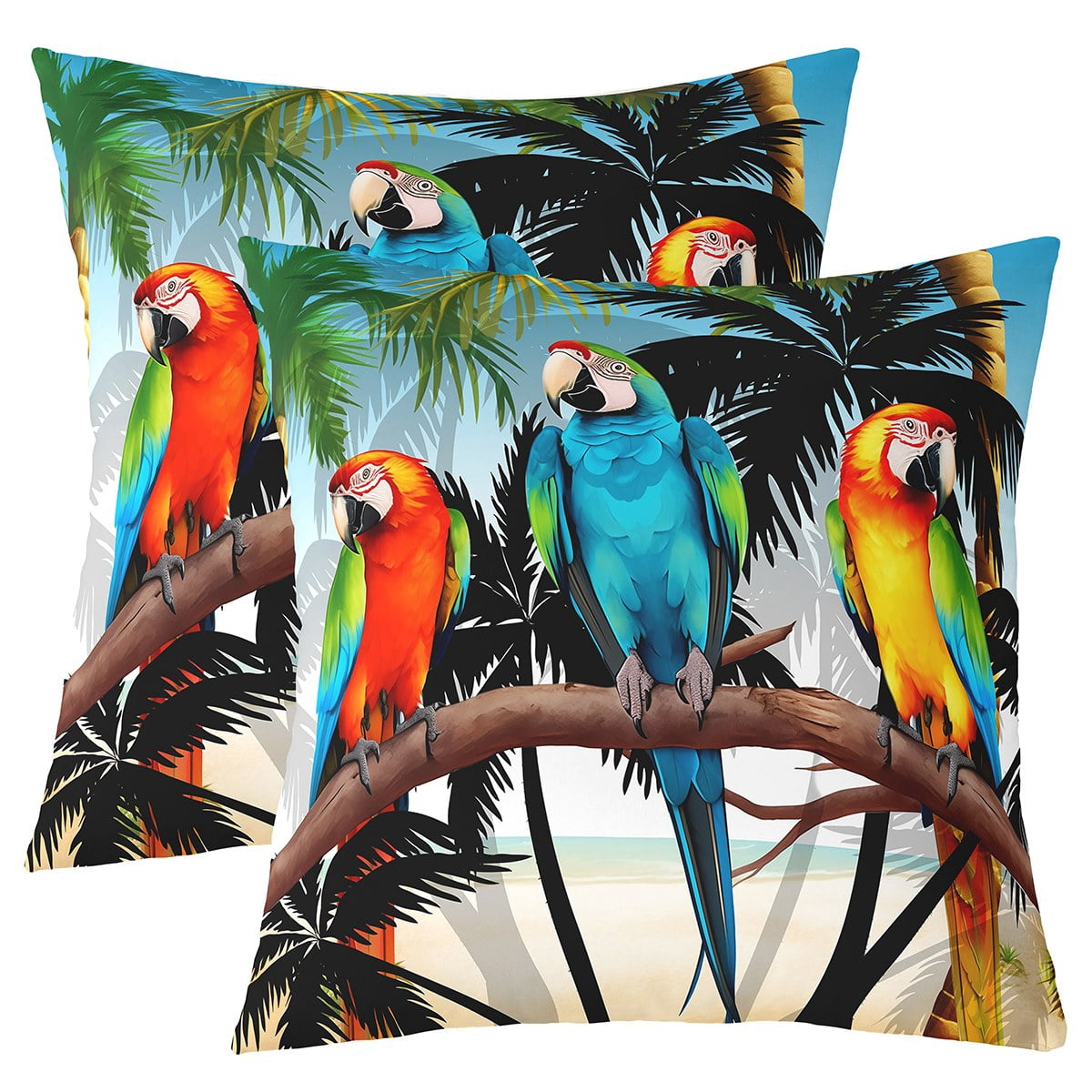 Set of 2 Cute 3D Parrot 20x20 Inch Pillow Covers Green Palm Leaf ...
