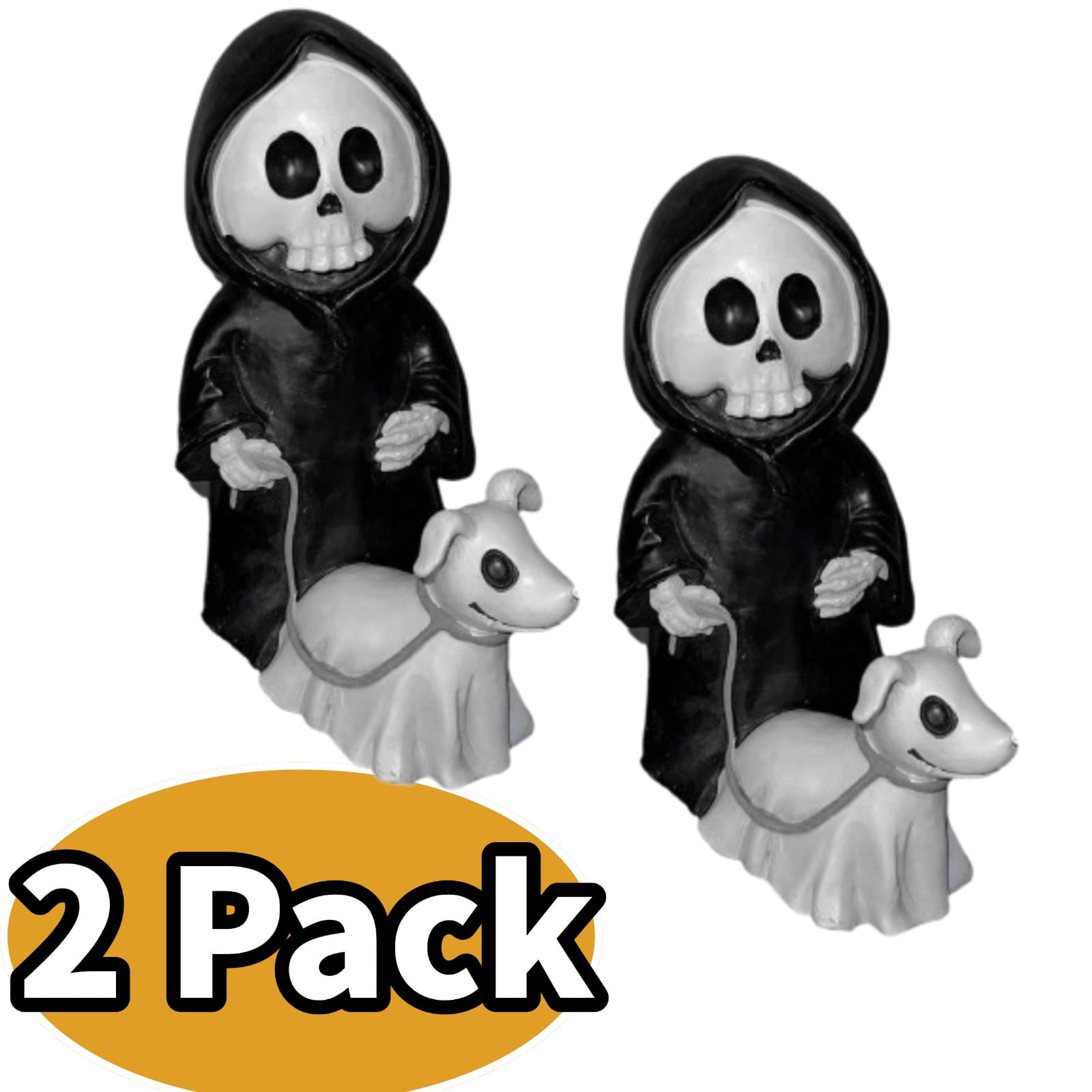 Set of 2 Cute Grim Reaper Walking Dog Statue, Spooky Reaper Walking ...