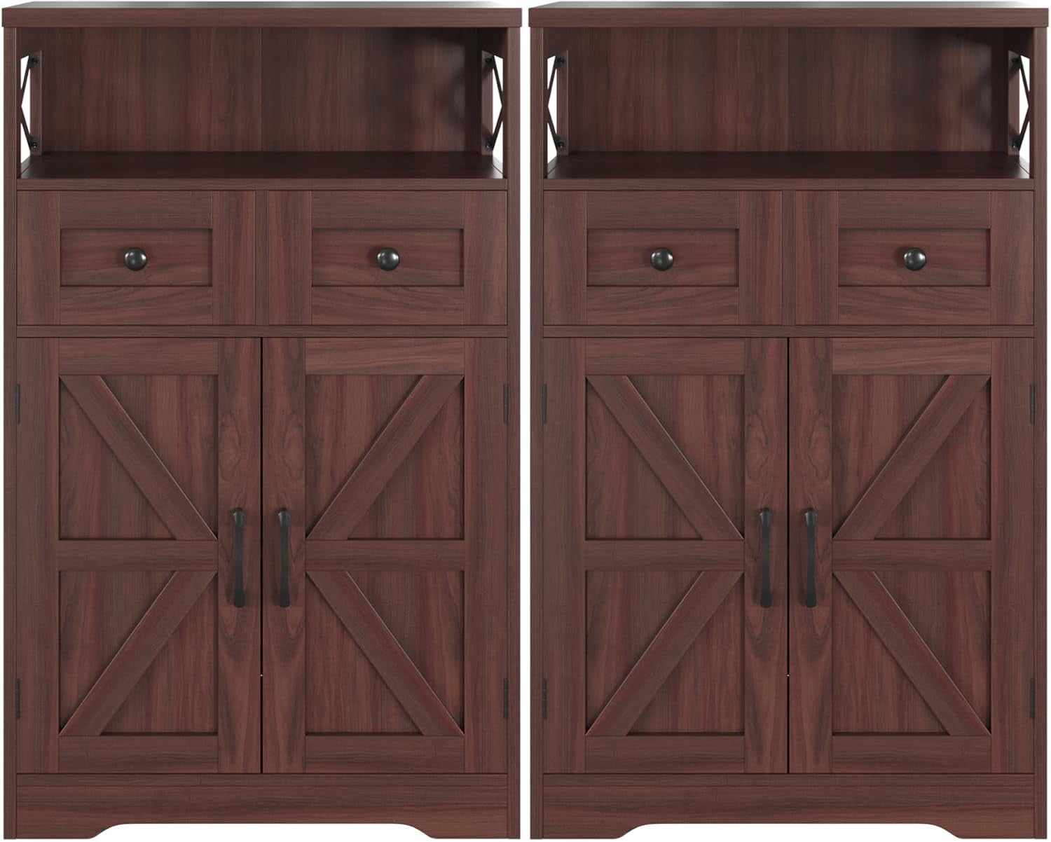 Set of 2 Dark Brown Storage Cabinet with Drawers and Shelves, Standing ...