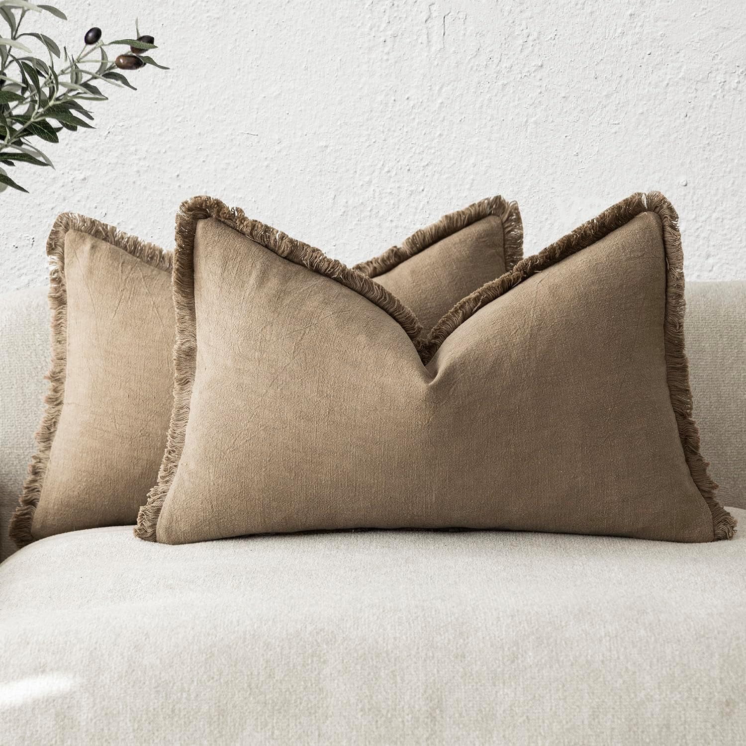 Set of 2 Decorative Linen Fringe Throw Pillow Covers Cozy Boho ...