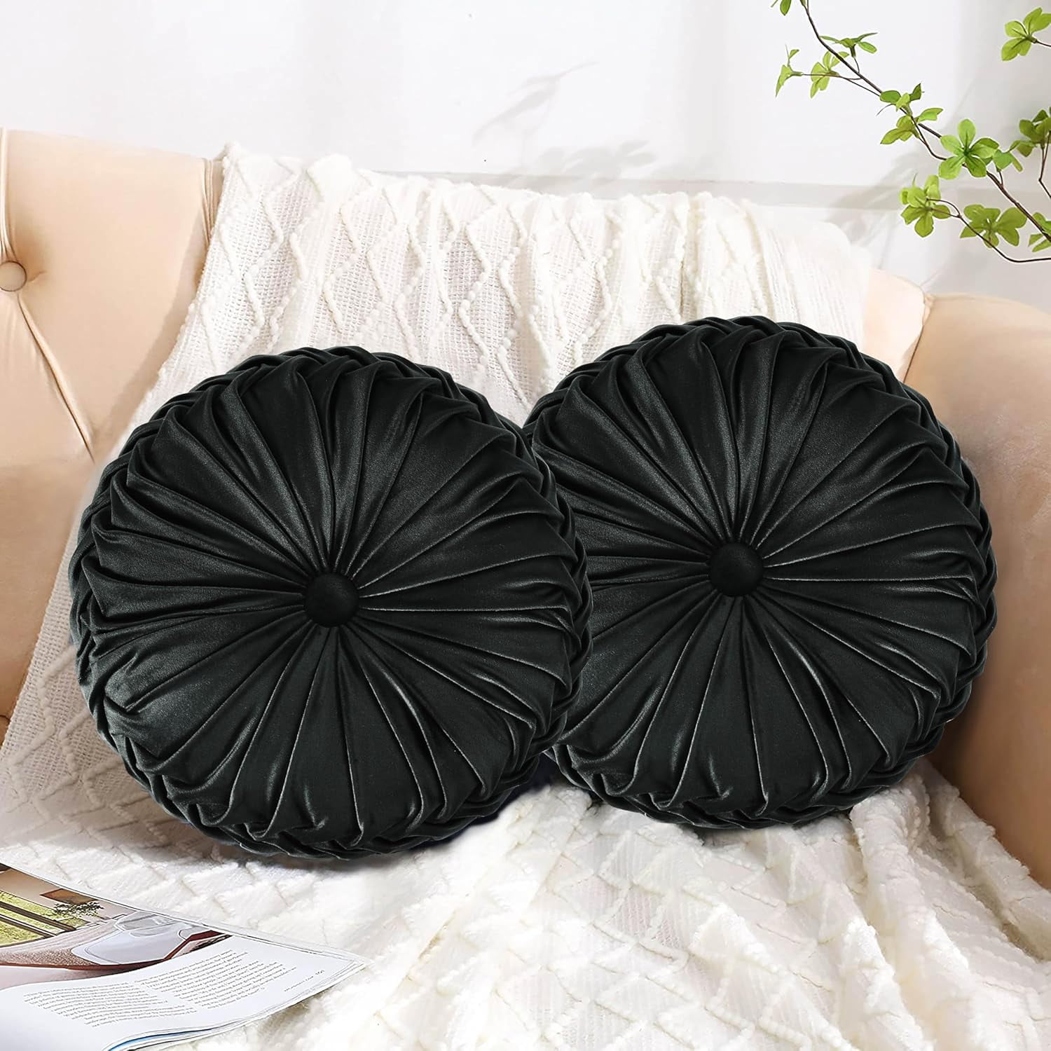 Set of 2 Decorative Round Pleated Throw Pillows, Classy Accent Pumpkin ...