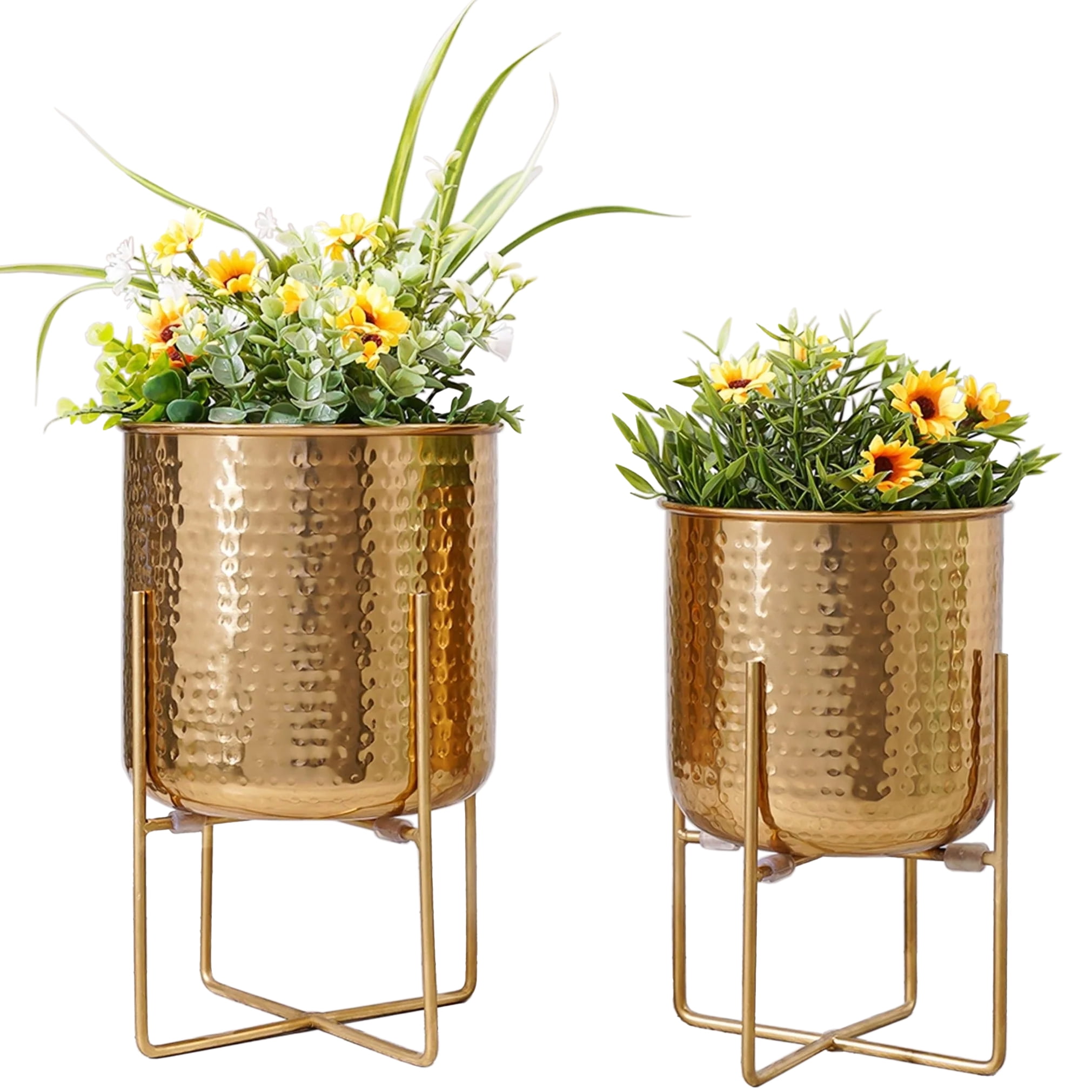 Set of 2 Different Size Hammered Gold Color Metal Tabletop Indoor Planters with Stands ...