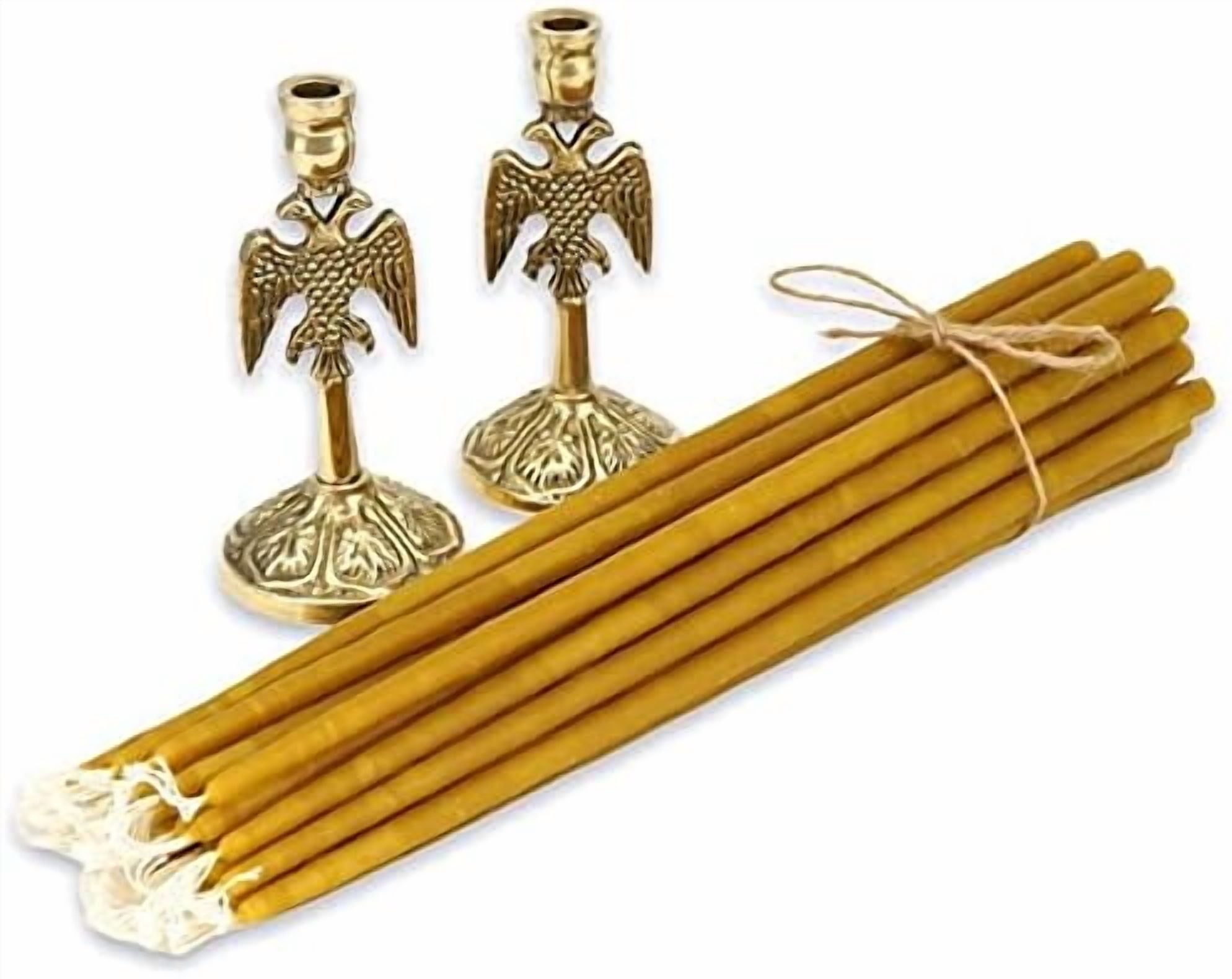 Set of 2 Eagle Design Brass Candle Holders and 20 Pure Beeswax Church ...