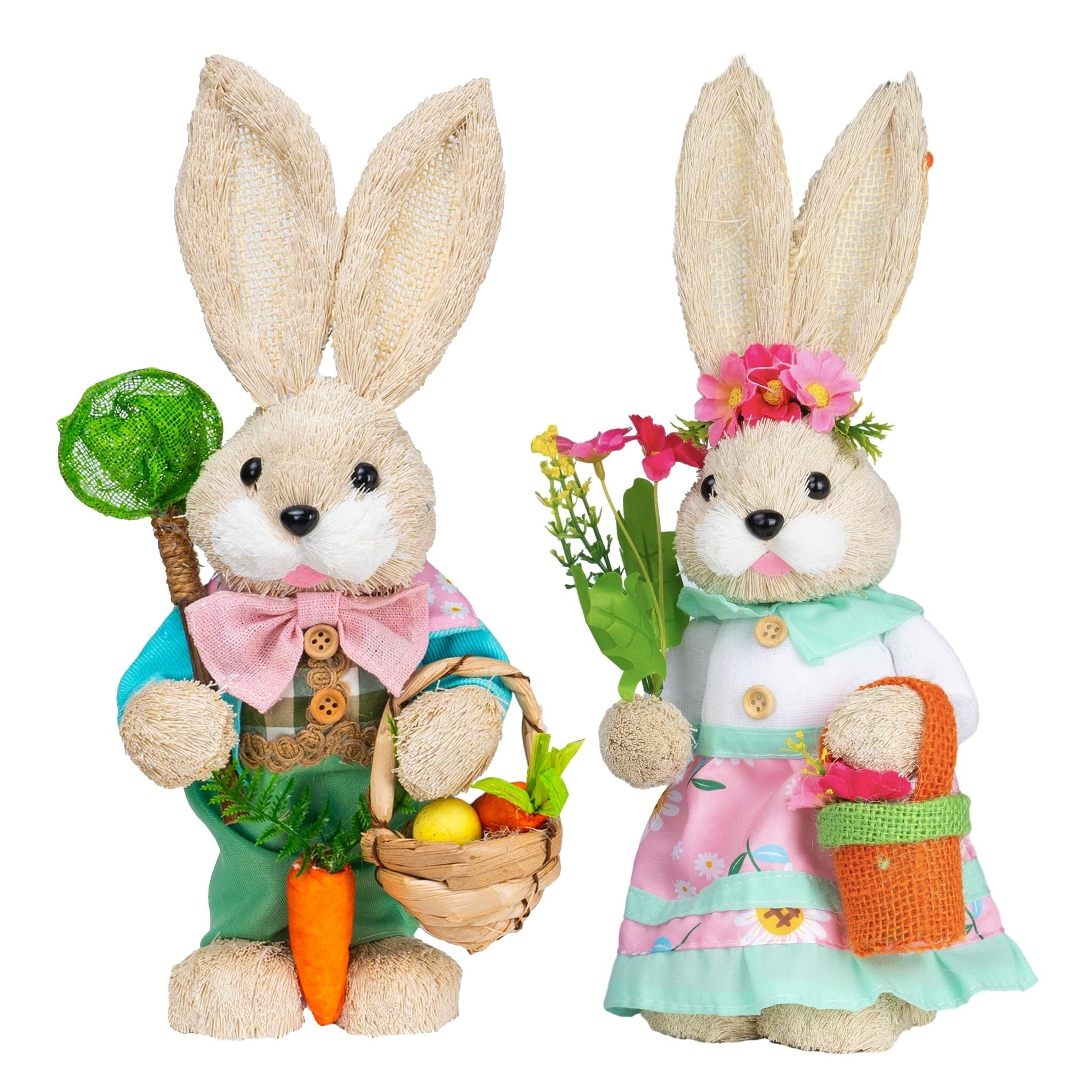 A Set of 2 Easter Bunny Decorations Tabletop, 14 Inch Straw Standing ...