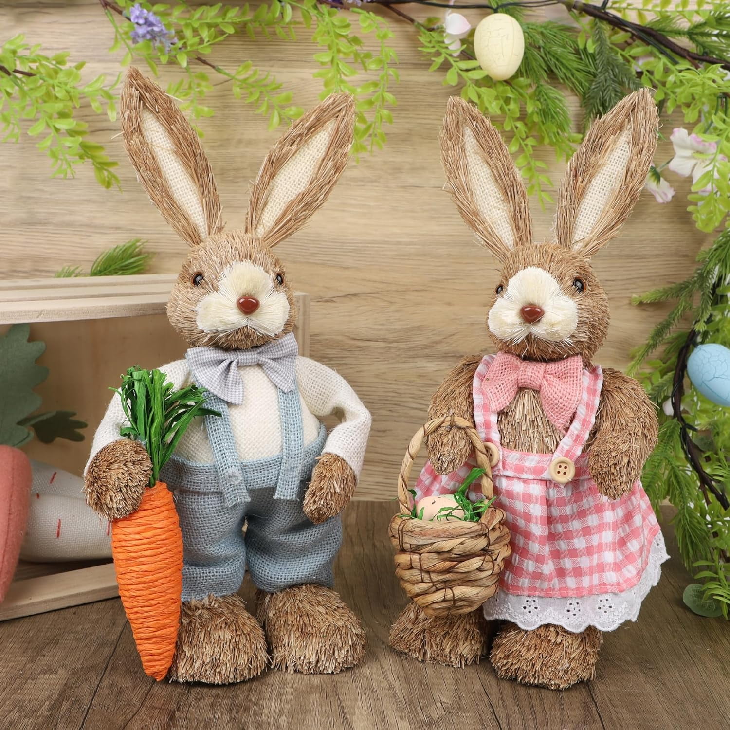 Set of 2 Easter Decorations 13" Bunny Figurines Tabletop Spring Decor ...