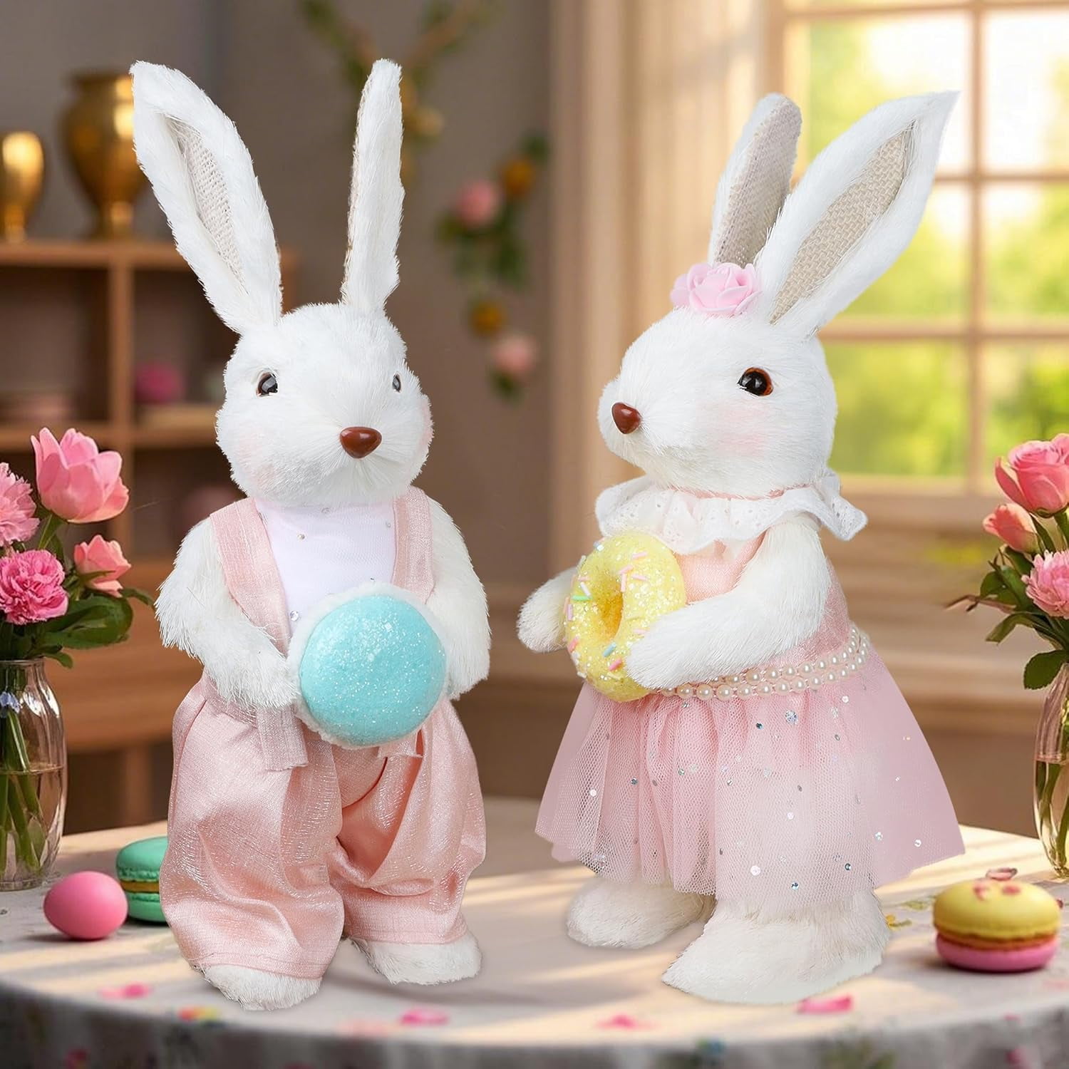 Set of 2 Easter Decorations 13" Bunny Figurines Tabletop Spring Decor ...