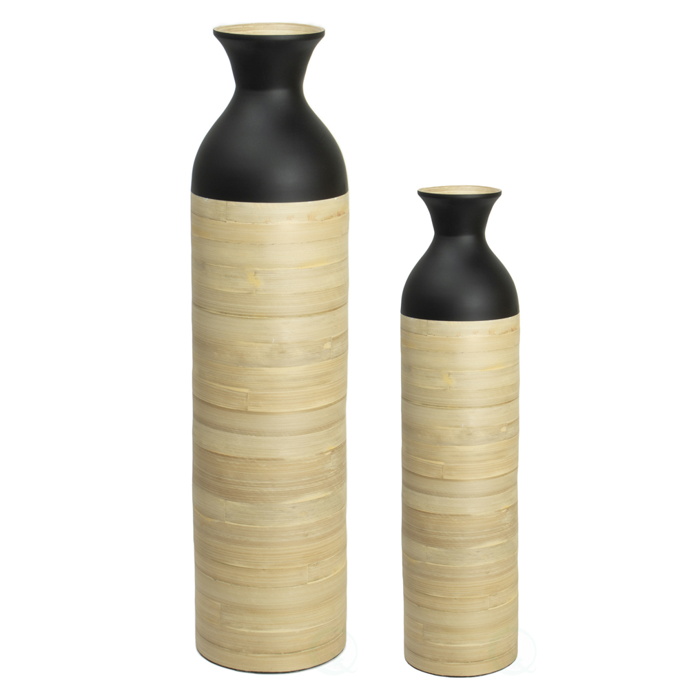 Set of 2 Elegant Black Cylinder Shaped Tall Spun Bamboo Floor Vases ...