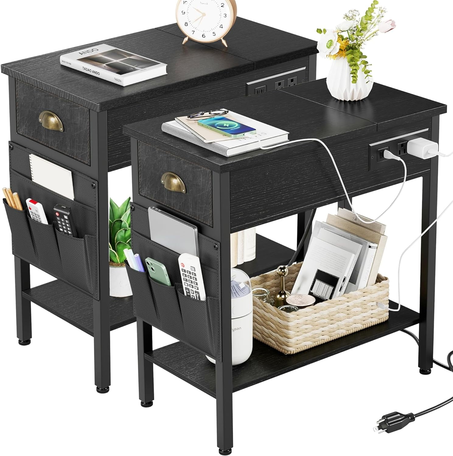 Set of 2 End Side Table Living Room Bedroom with Charging Station ...