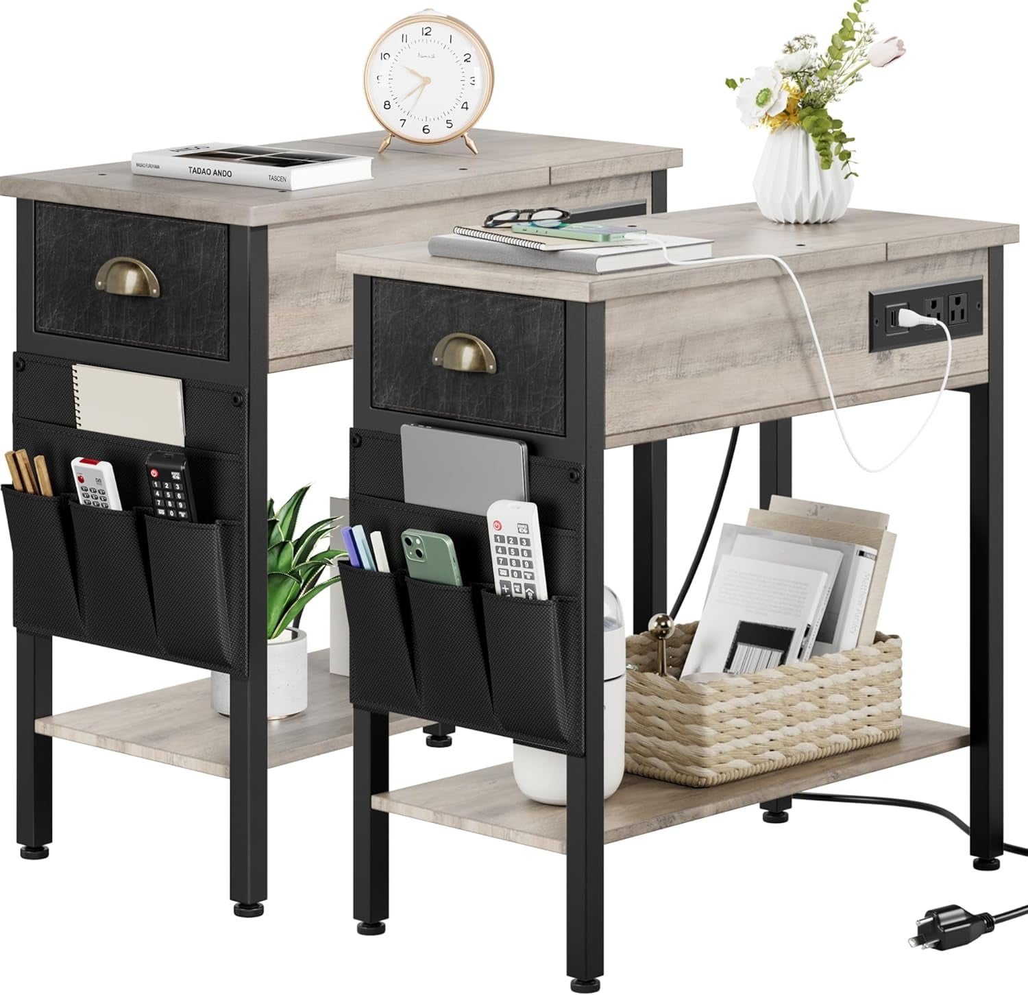 Set of 2 End Side Table Living Room Bedroom with Charging Station ...