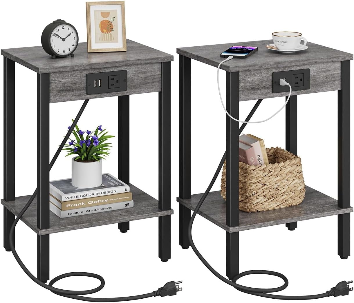 Set of 2 End Table with Charging Station, Narrow Side Table with USB ...