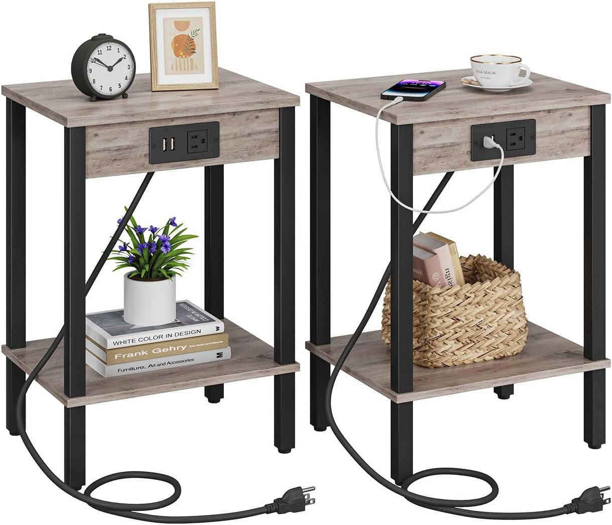 Set of 2 End Table with Charging Station, Narrow Side Table with USB ...
