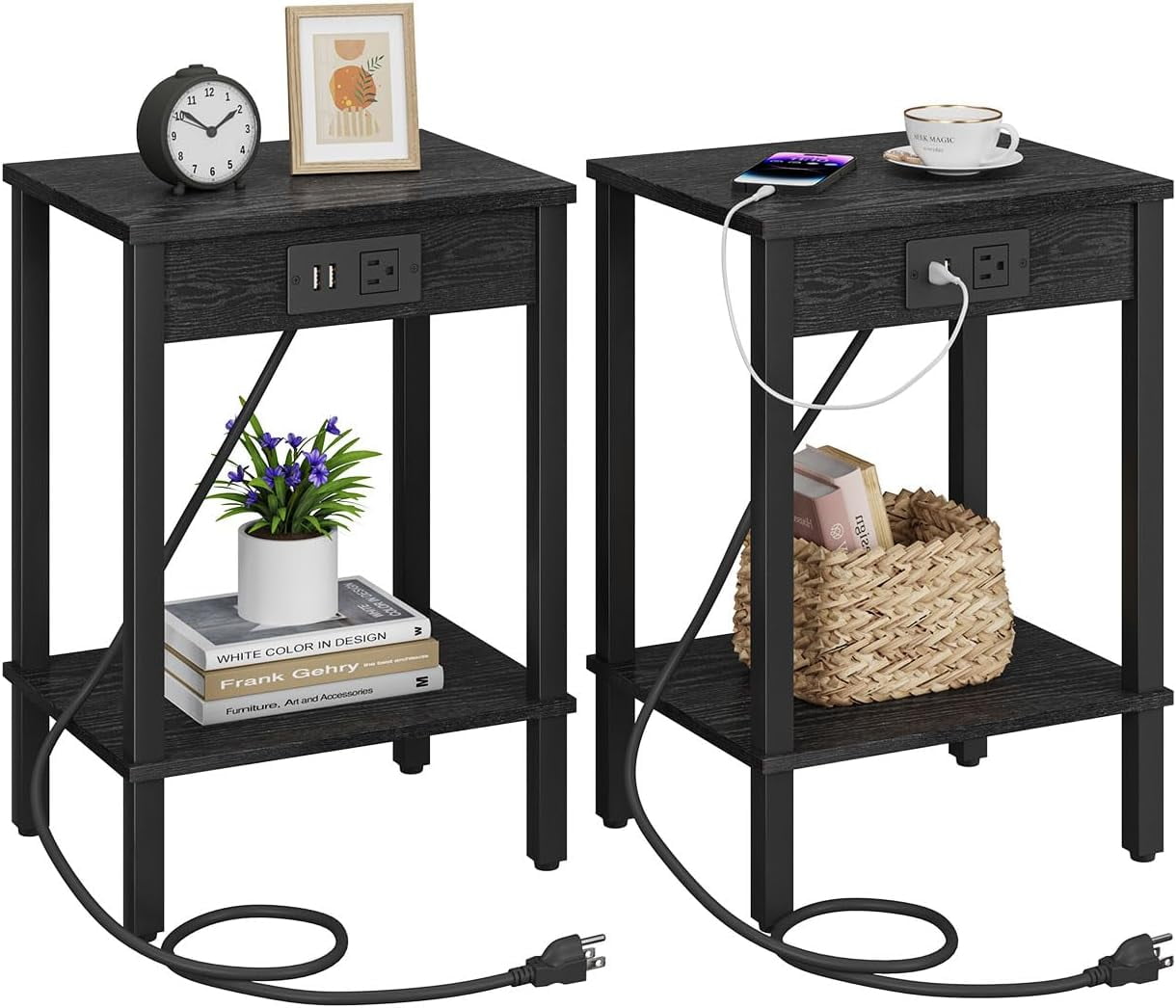 Set of 2 End Table with Charging Station, Narrow Side Table with USB ...