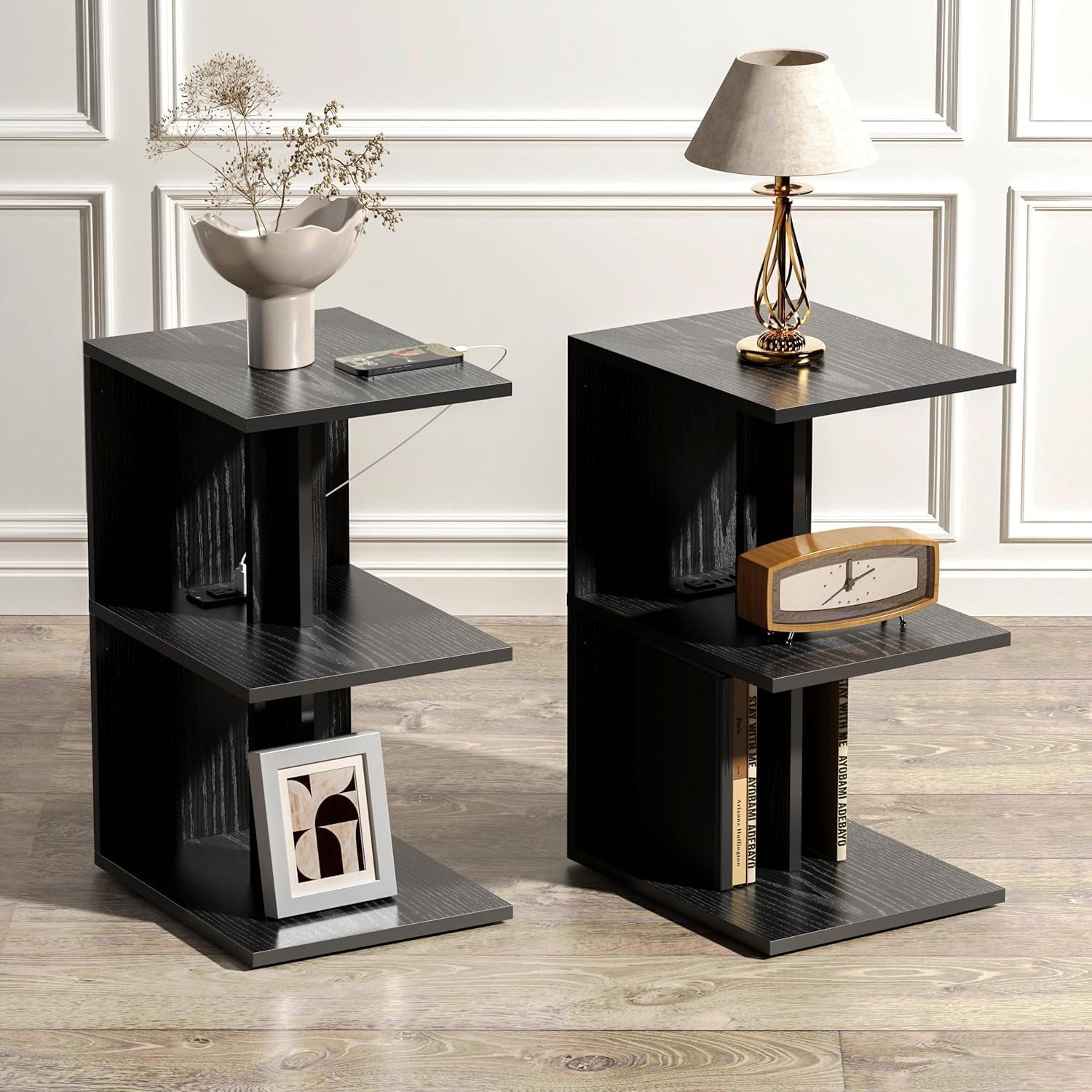 Set of 2 End Table with Charging Station, Small Side Tables for Living ...