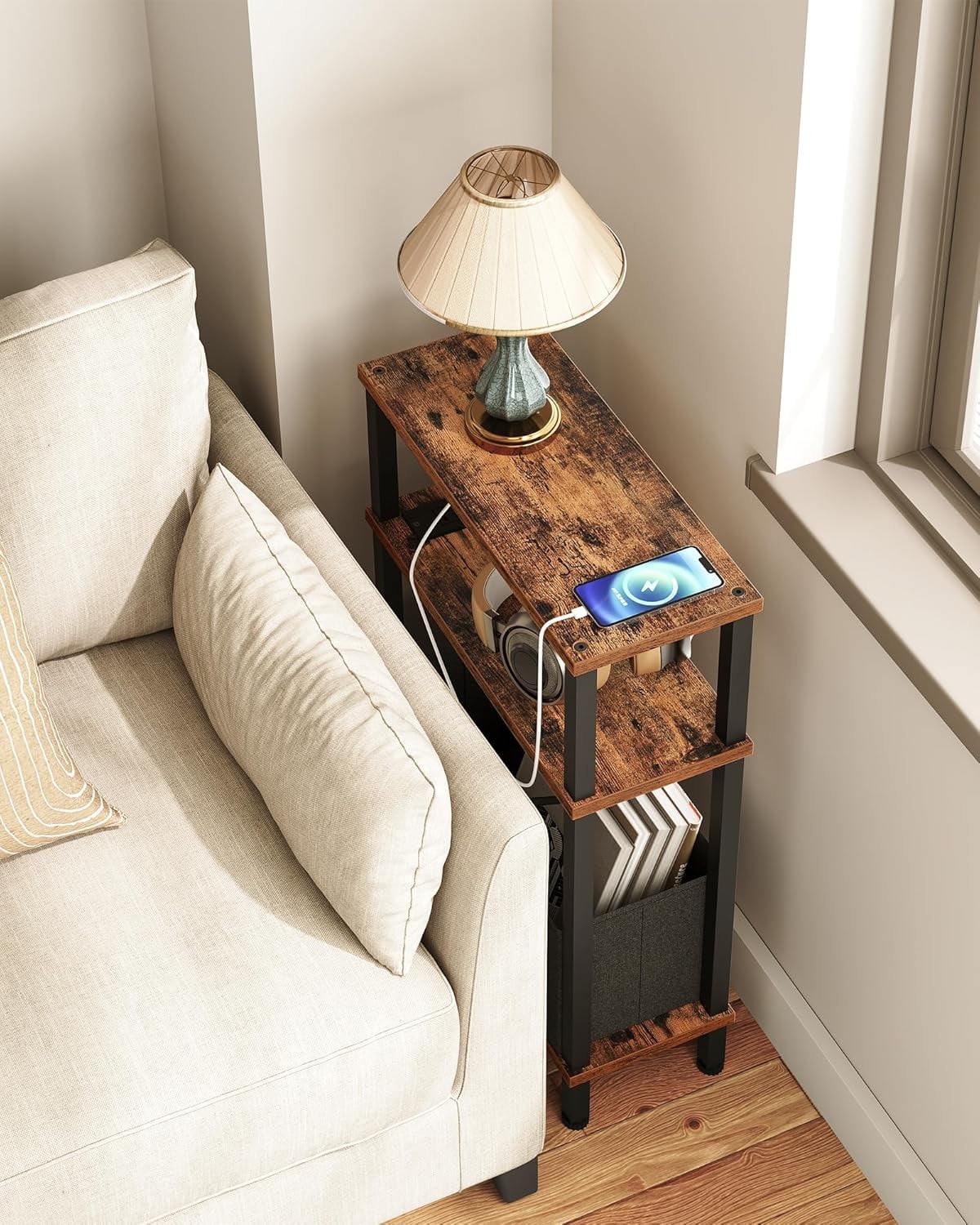 Set of 2 End Tables with Charging Station, Narrow Side Table for Small ...