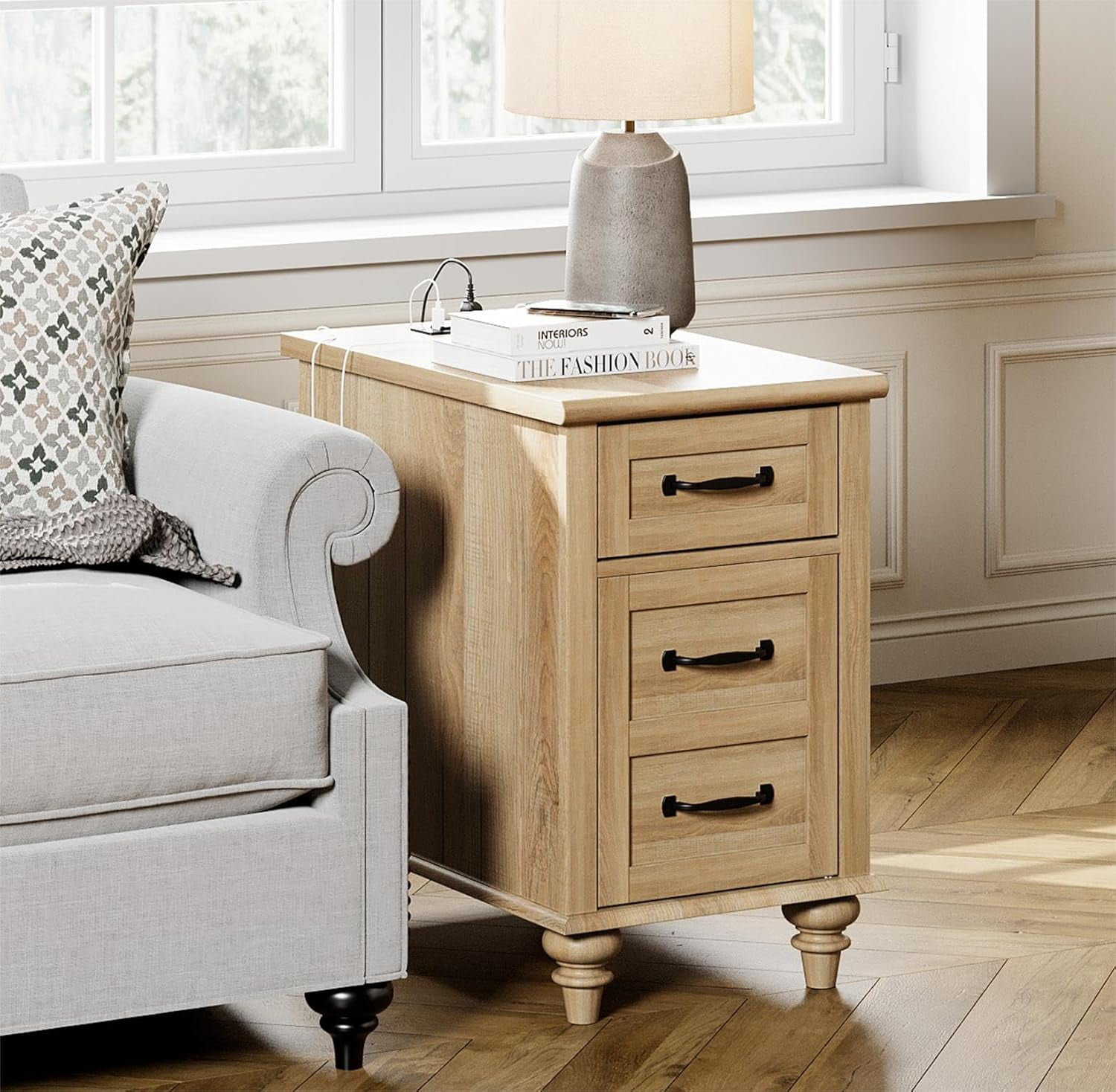 Set of 2 End Tables with Charging Station Narrow Side with Wood Legs ...