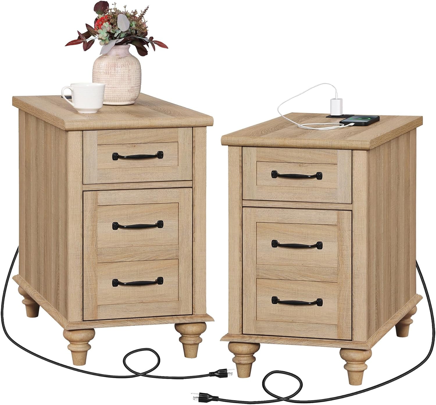 Set of 2 End Tables with Charging Station, Wooden Side Table with ...