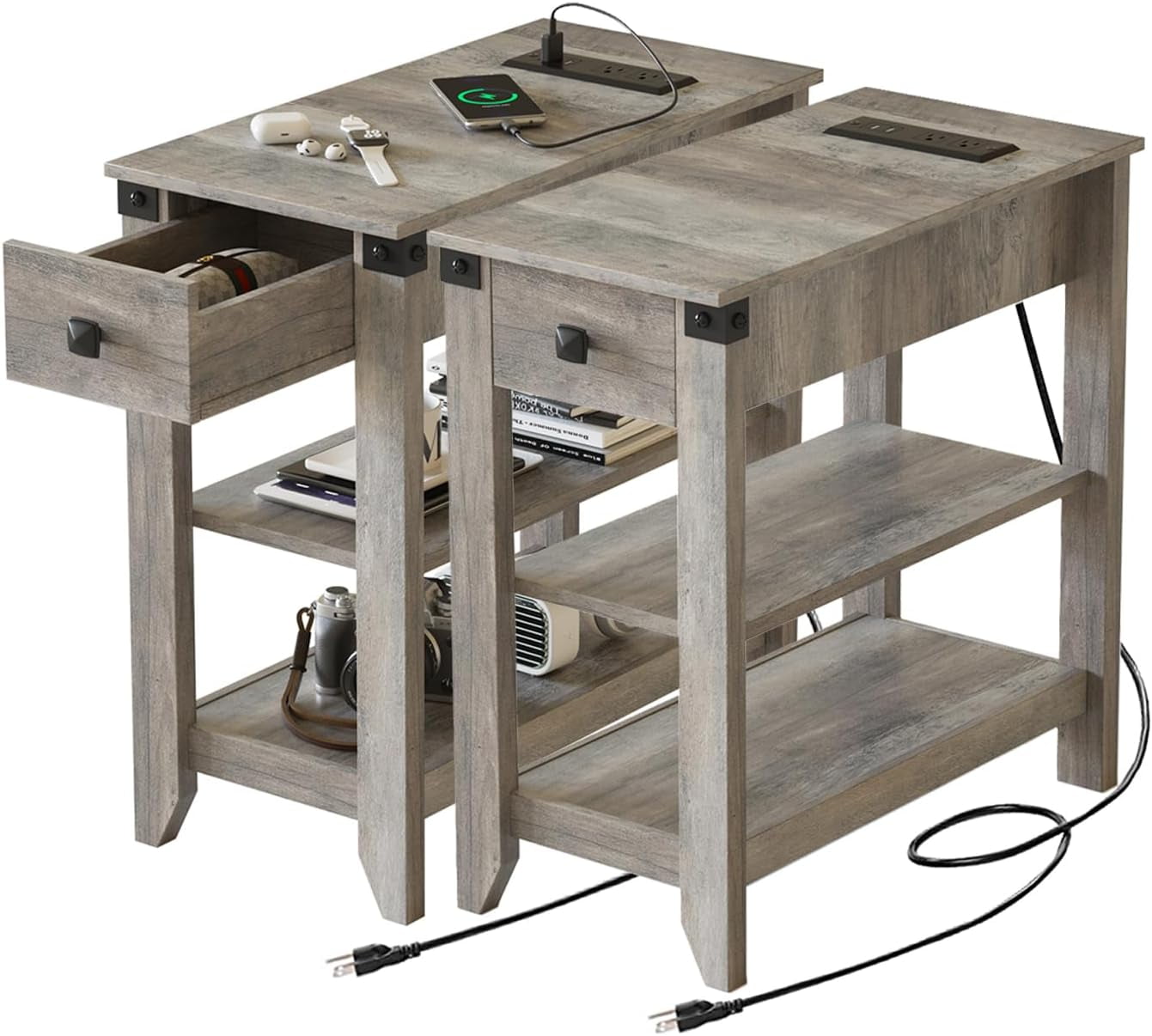 Set of 2 End Tables Living Room, Narrow Side Table with Charging ...