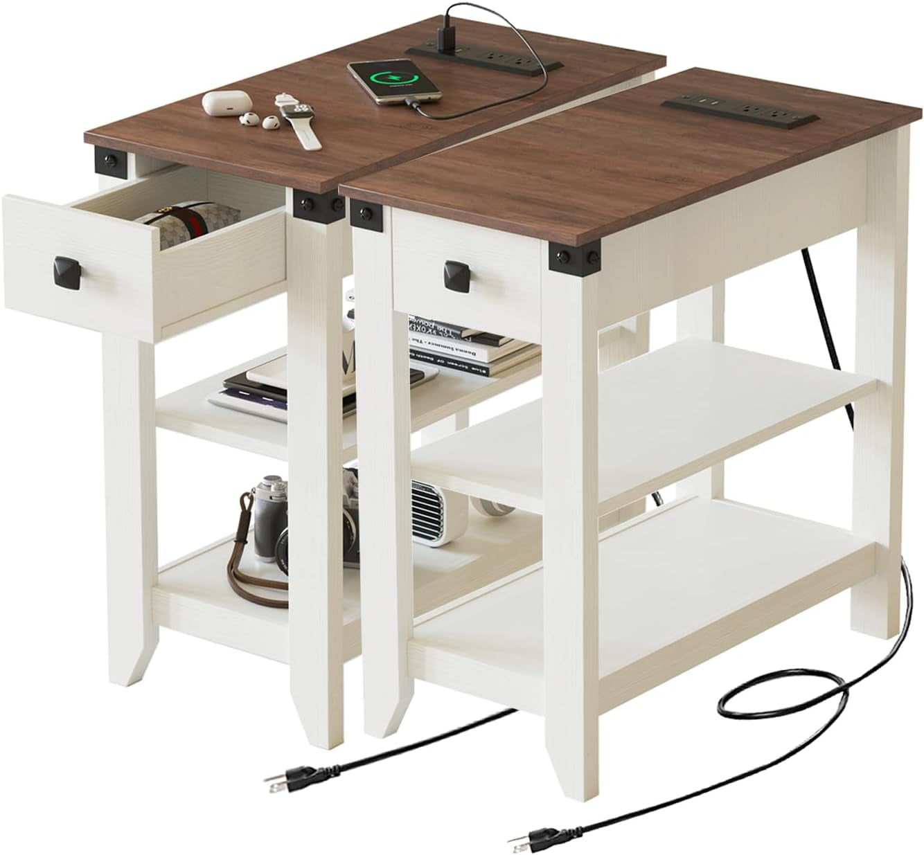 Set of 2 End Tables Living Room, Narrow Side Table with Charging ...