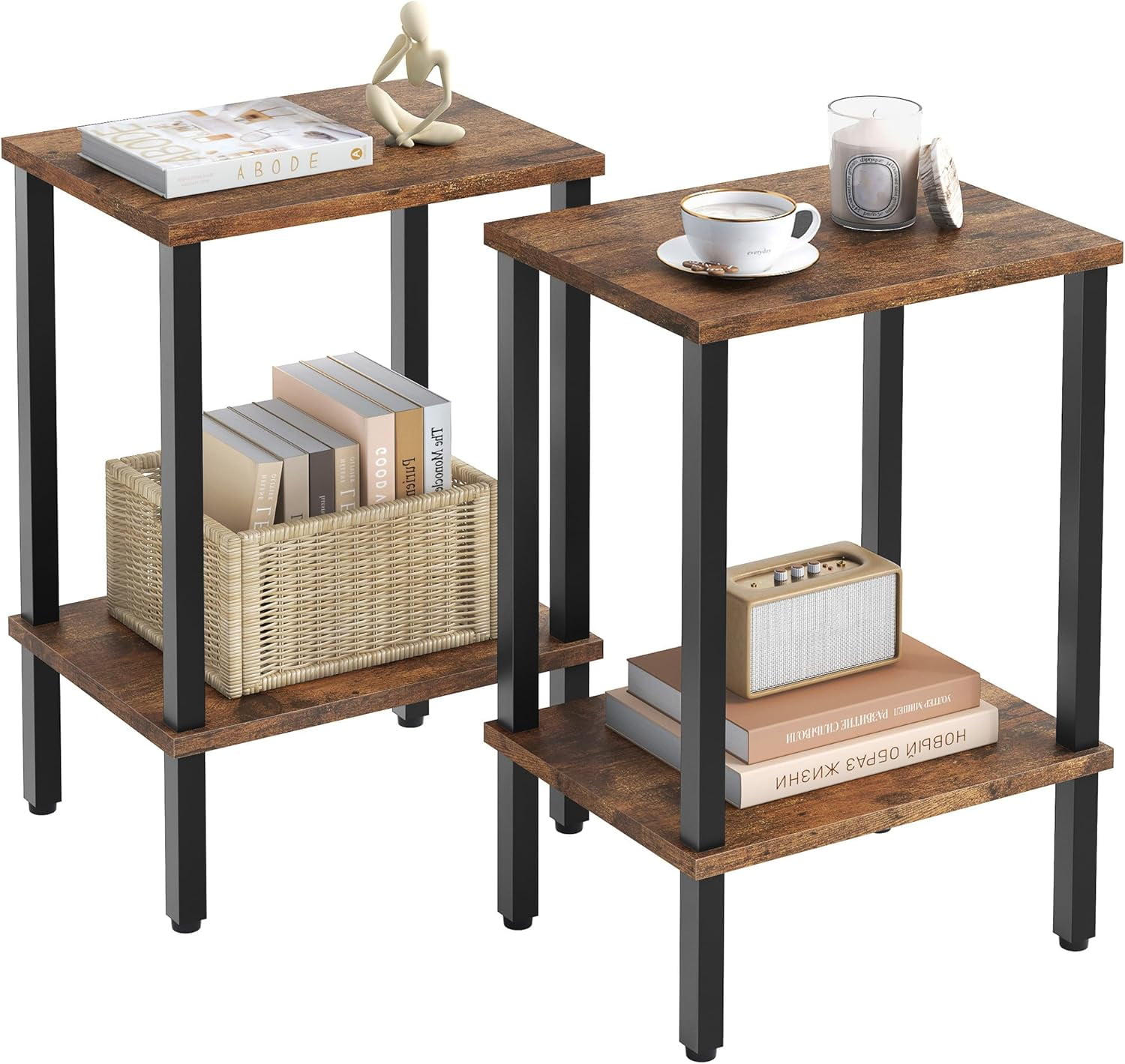 Set of 2 End Tables, Narrow Side Table, Small Nightstand, 2-Tier Sofa ...