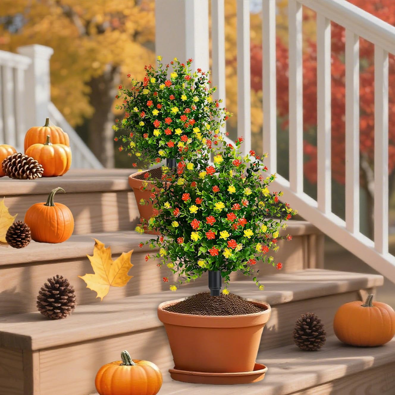 Set of 2 Fall Boxwood Topiary Ball Trees Artificial Outdoor with Ground ...