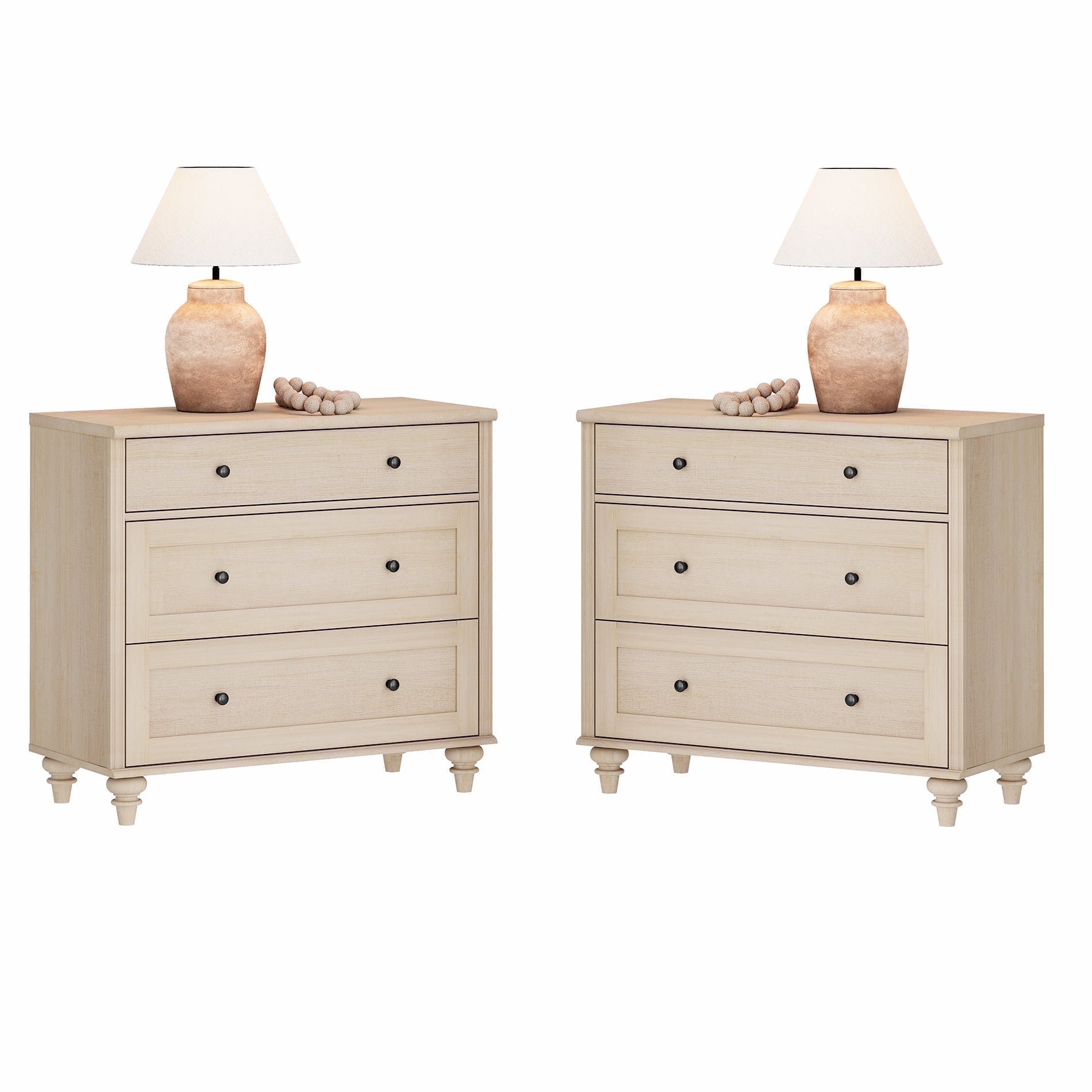 Set of 2 Farmhouse 3-Drawer Nightstands, Large Wooden Bedside Tables ...