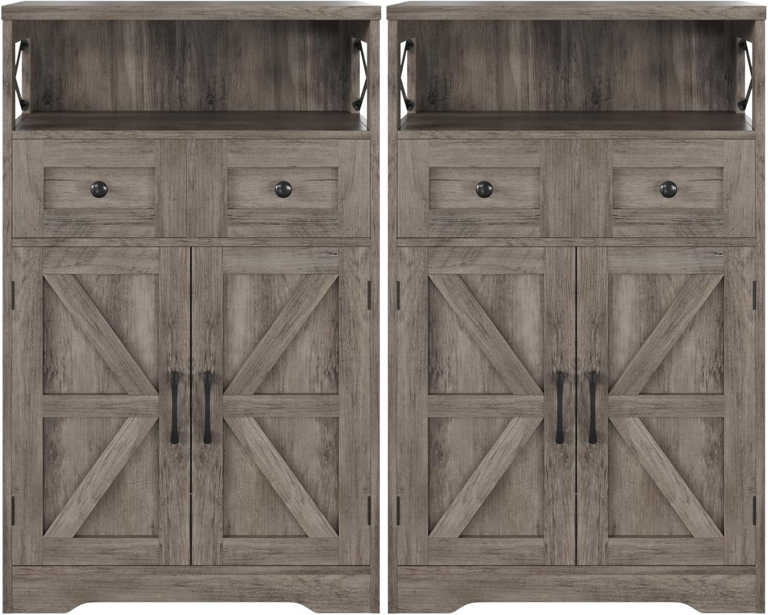 Set of 2 Farmhouse Storage Cabinet with Drawers and Shelf, Freestanding ...