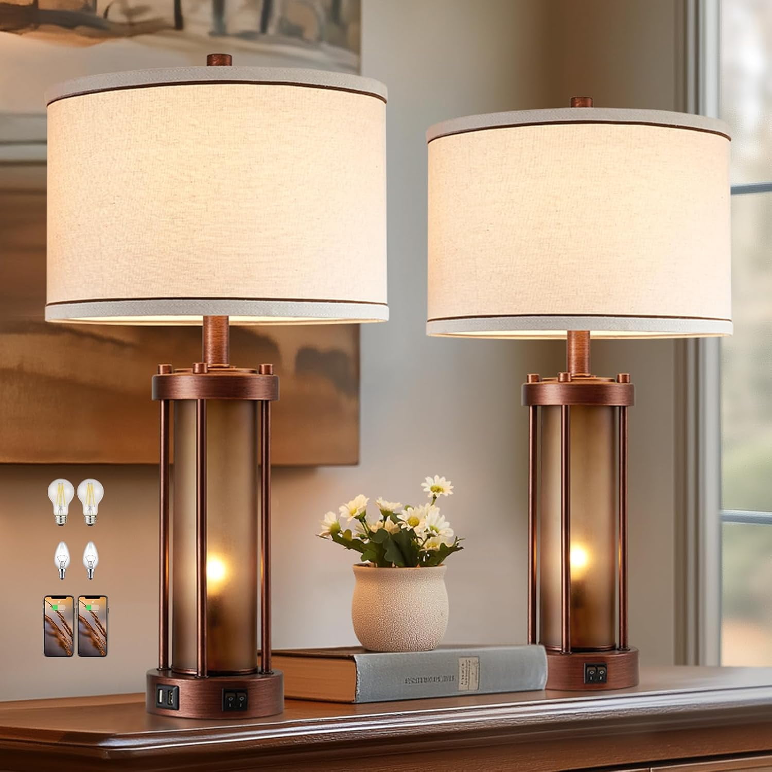 Set of 2 Farmhouse Table Lamps for Living Room with 2 USB Charging ...