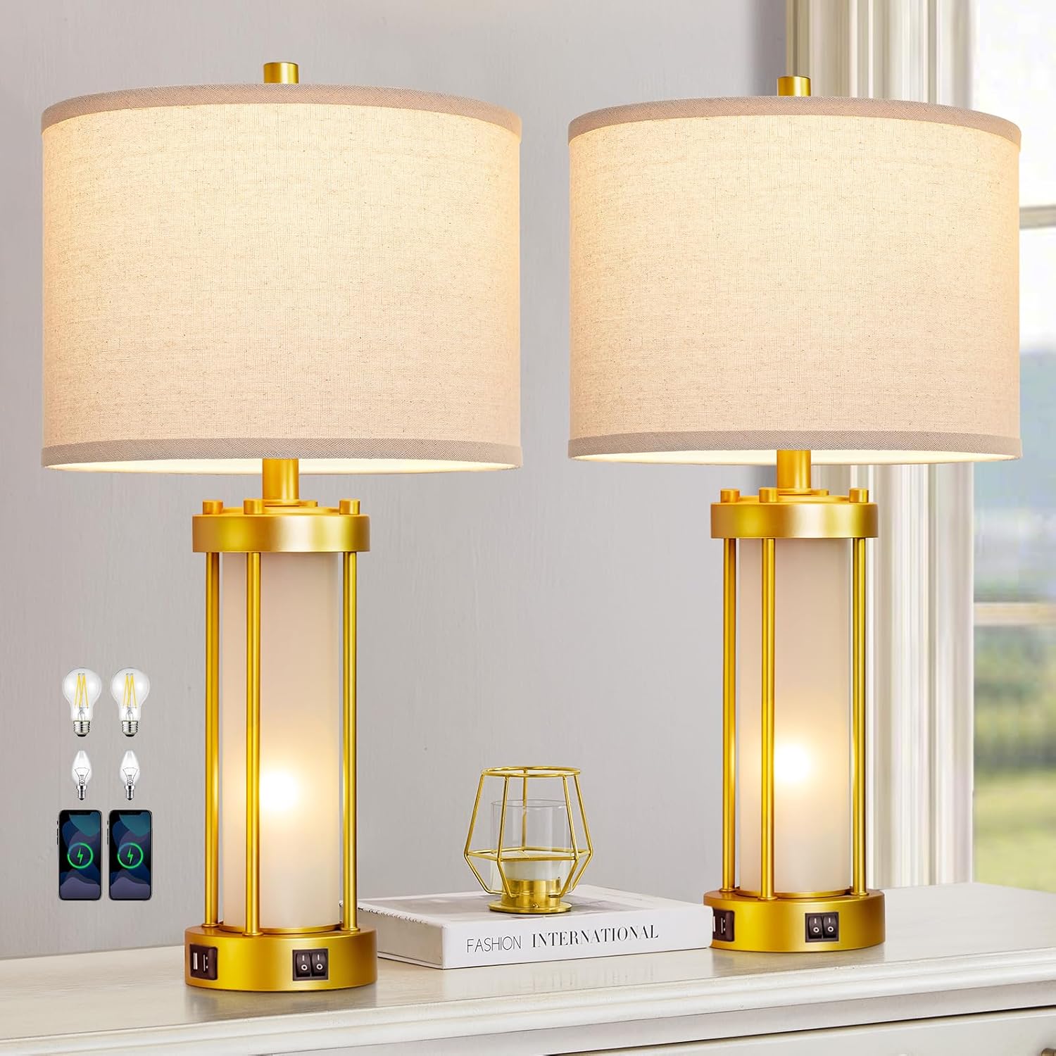 Set of 2 Farmhouse Table Lamps for Living Room with 2 USB Charging ...