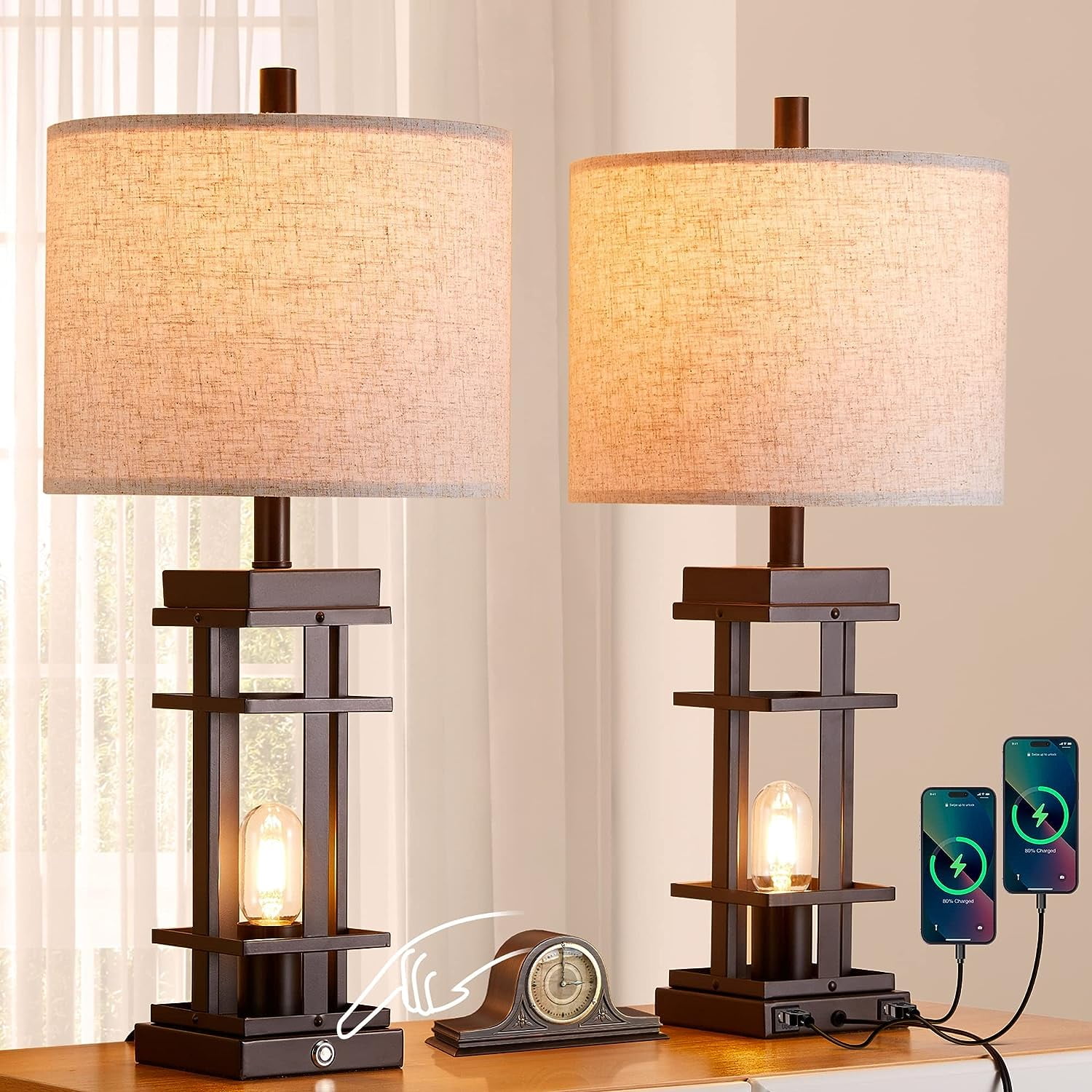 Set of 2 Farmhouse Table Lamps with USB Ports, 26"Tall Bedside Touch ...
