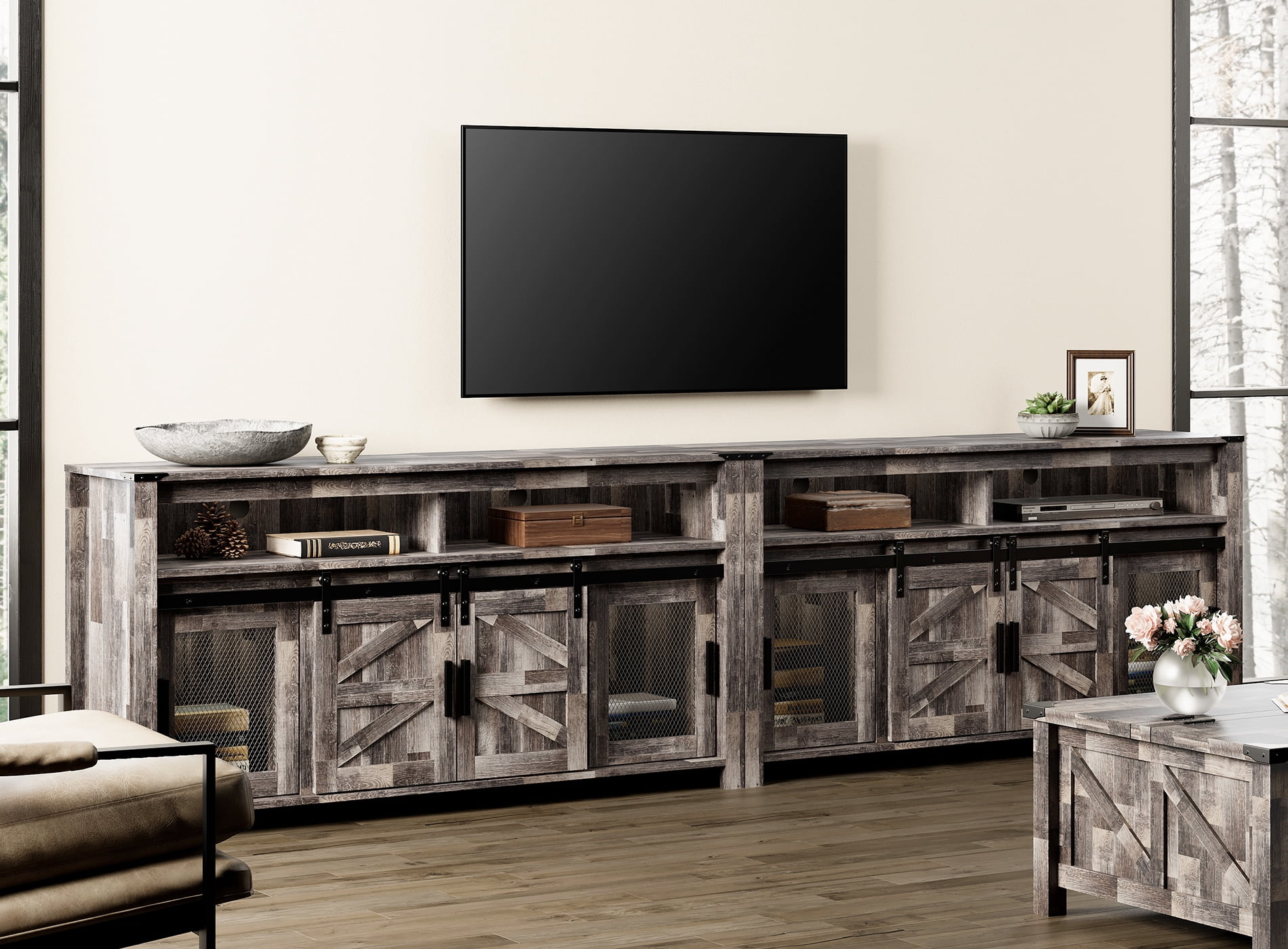Set of 2 Farmhouse Wood TV Stands with Mesh & Barn Doors for 100+ Inch ...