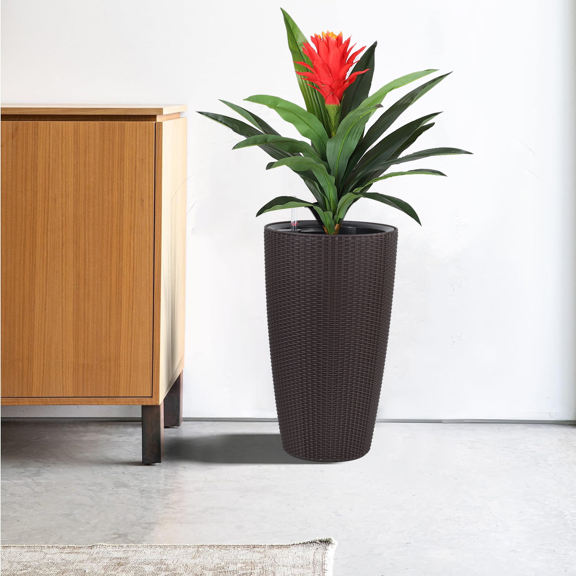 Set of 2 Faux Rattan Tall Planters Outdoor Indoor Large Planters with ...