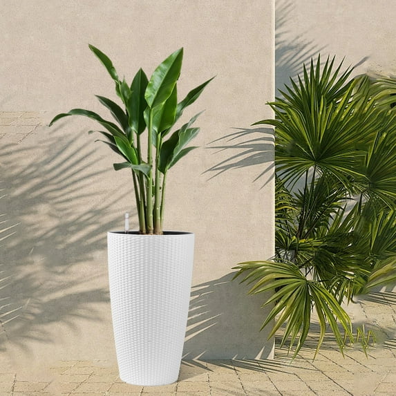 Set of 2 Faux Rattan Tall Planters Outdoor Indoor Large Planters with ...