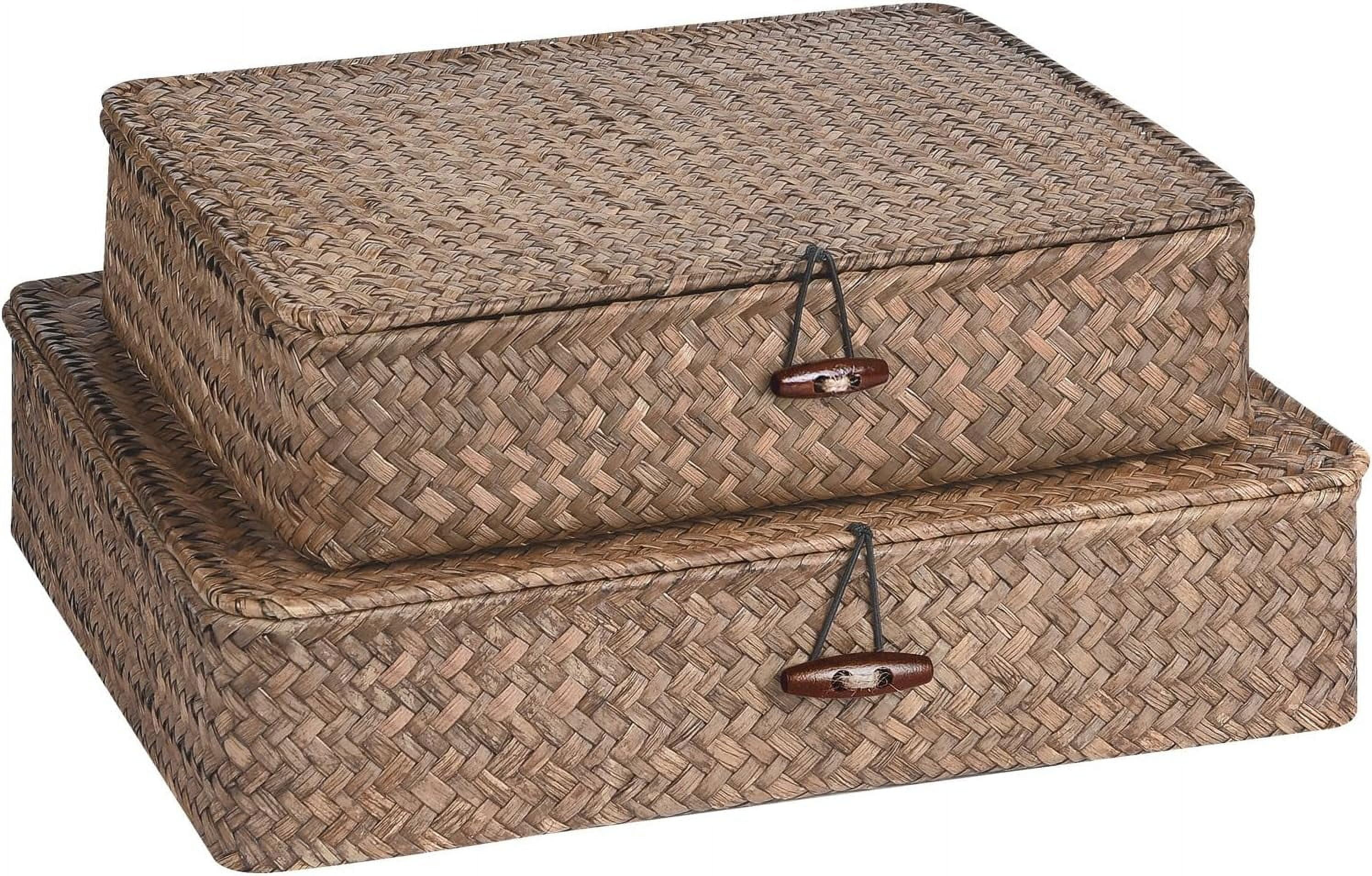 Set of 2 Flat Seagrass Storage Bins with Lid Wicker Storage Baskets for ...