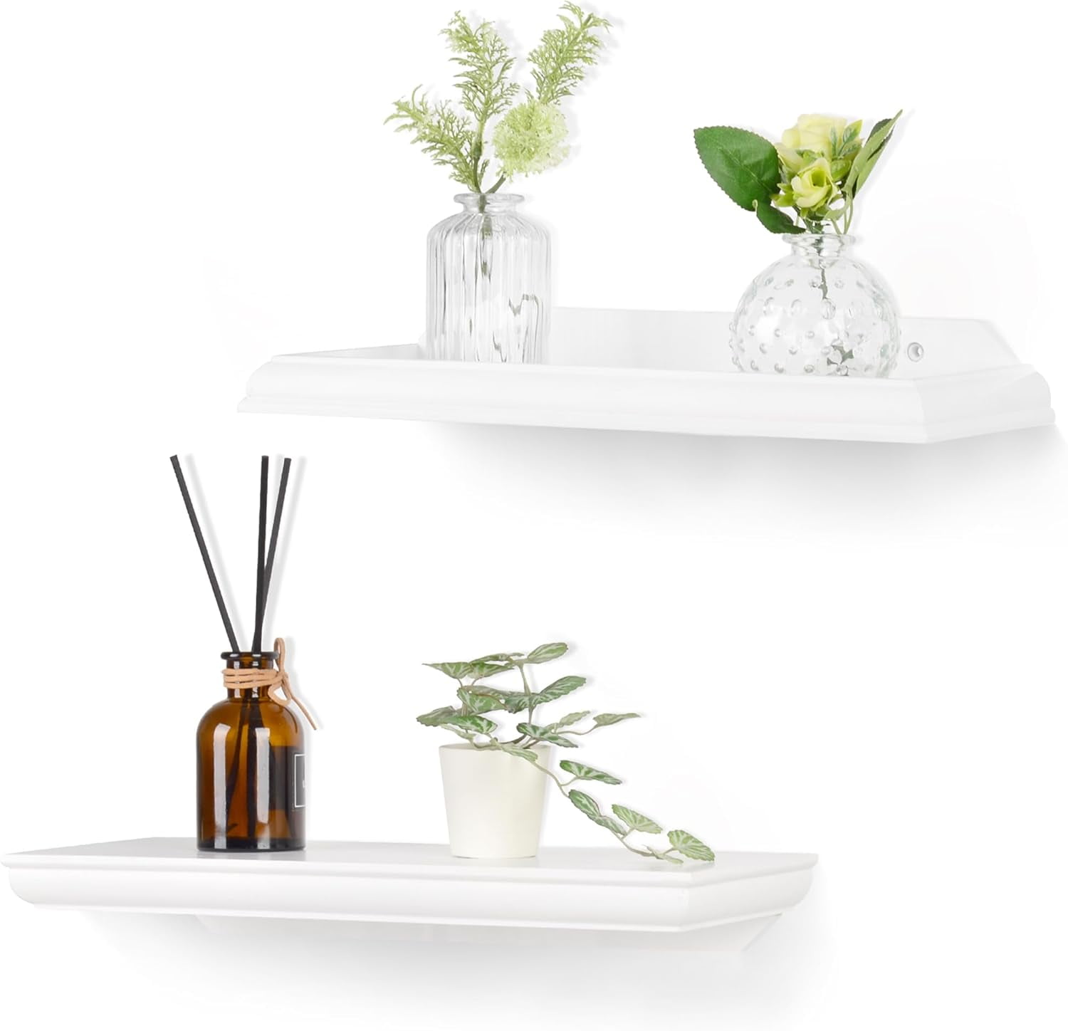 Set of 2 Floating Shelves with Crown Molding and Lip - White Display ...